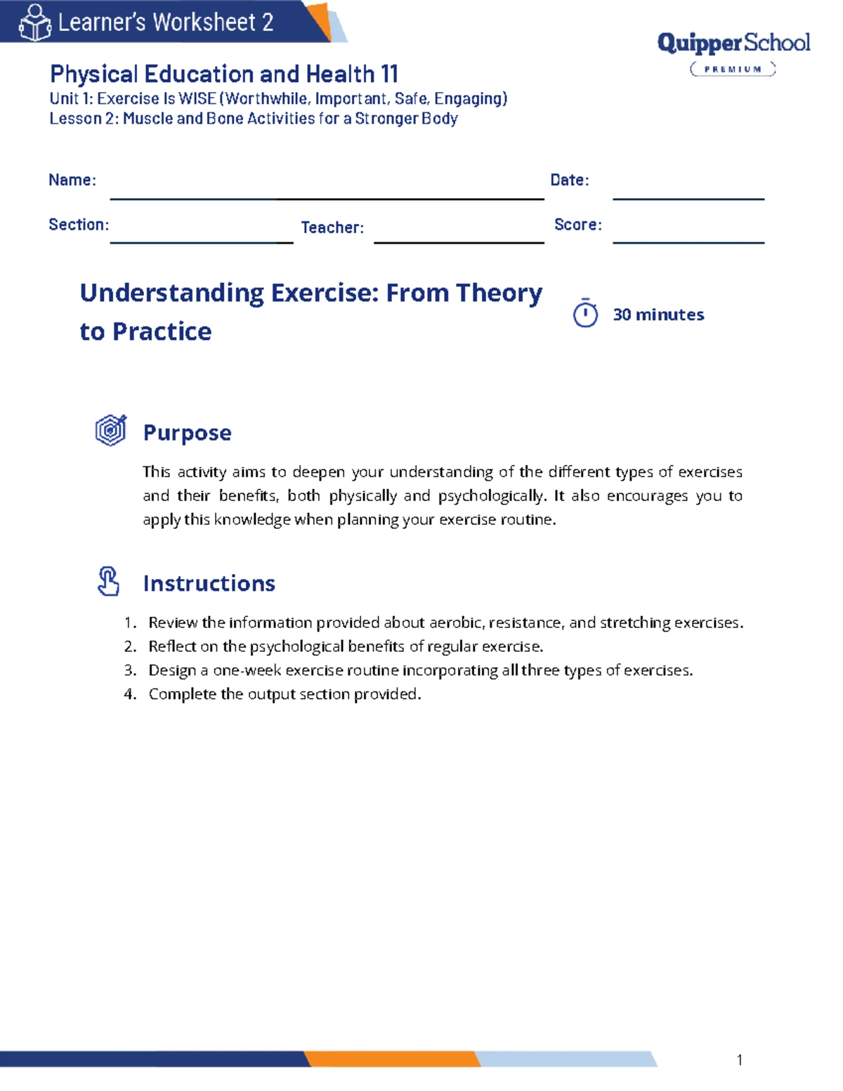 PEH 11 Unit 1: Exercise Is WISE - Lesson 2 on Muscle & Bone Activities ...