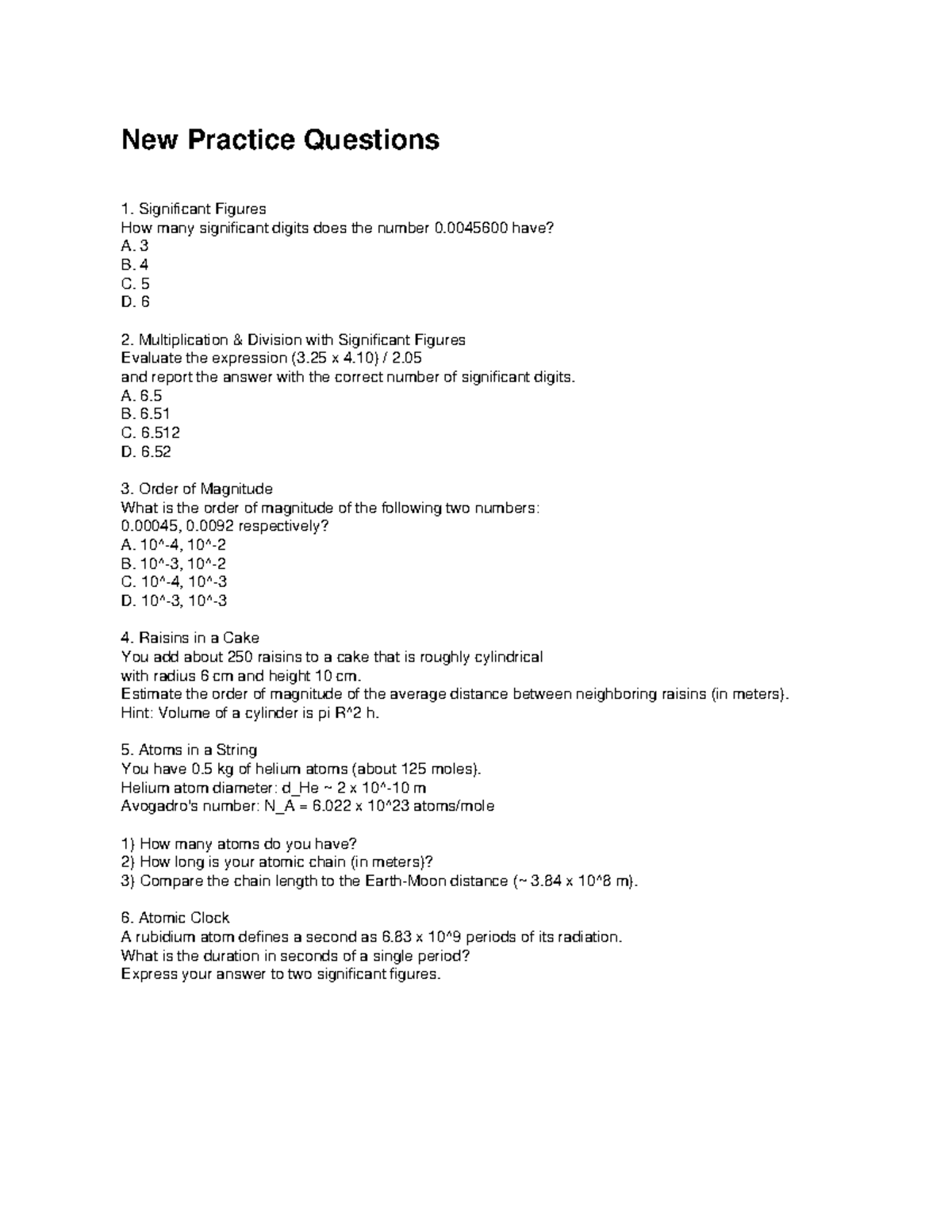 New Practice Questions on Significant Figures and Calculations - Studocu