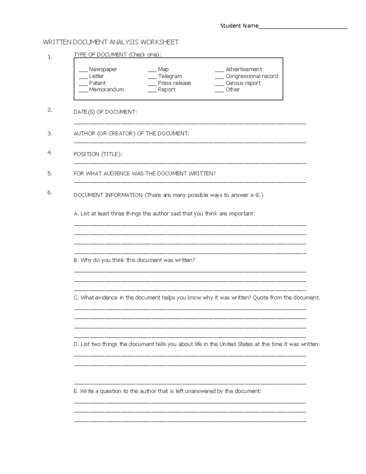 Document Analysis Worksheet: Understanding Historical Context & Purpose ...