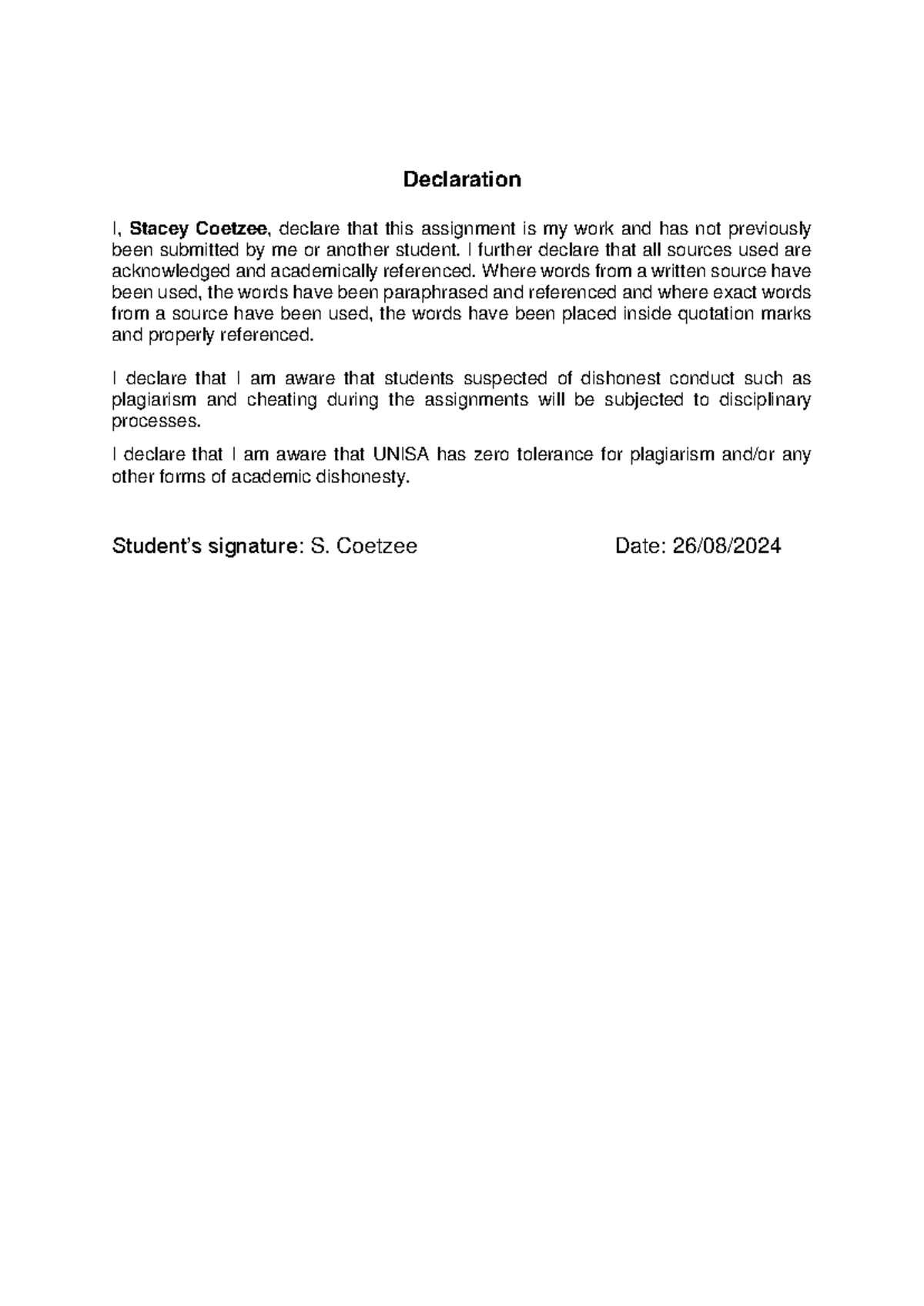 68539525 GGH3702 Assignment 01 - Declaration I, Stacey Coetzee, declare ...