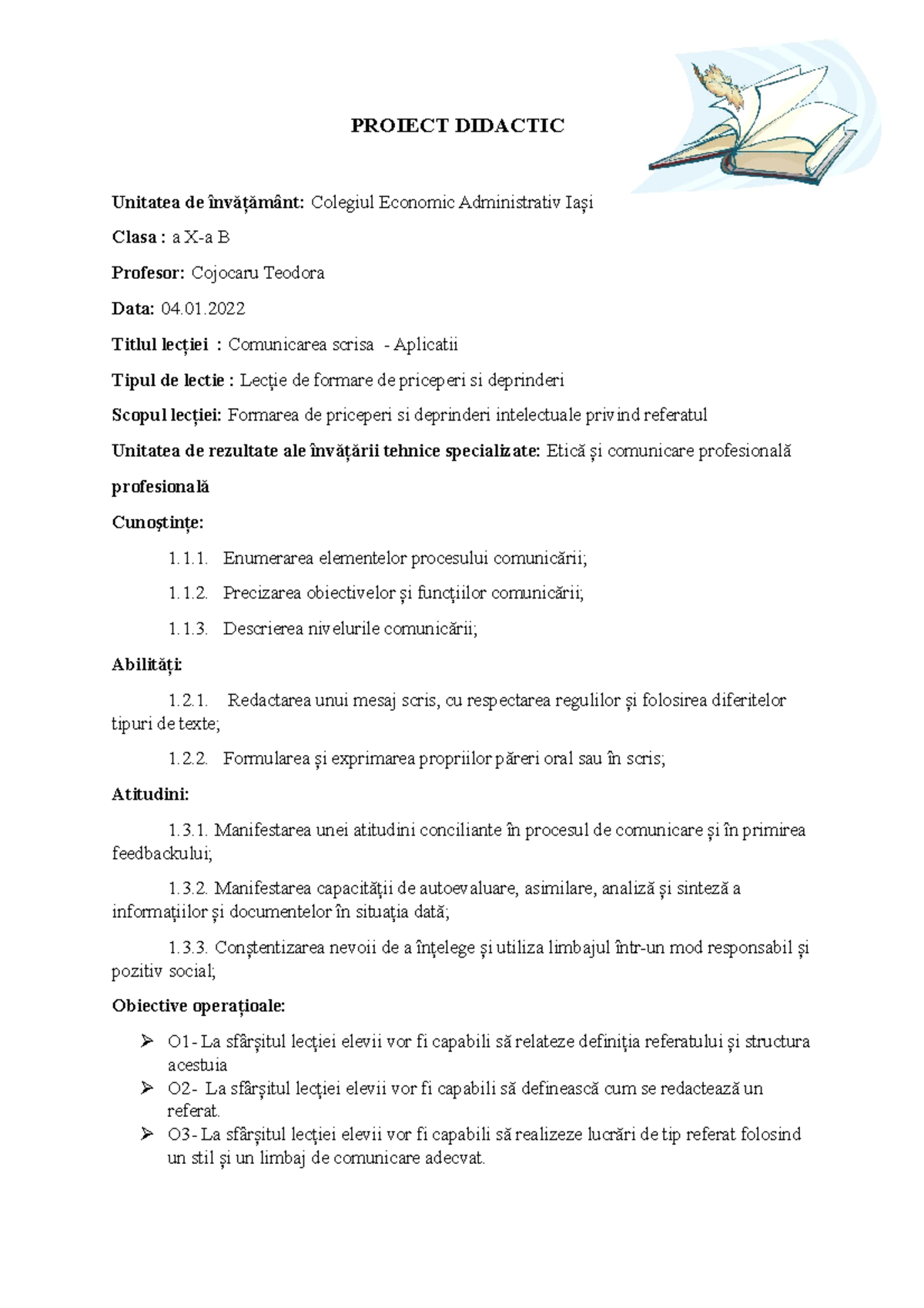Proiect didactic: Lecție de formare în comunicare profesională (Cl. a X ...
