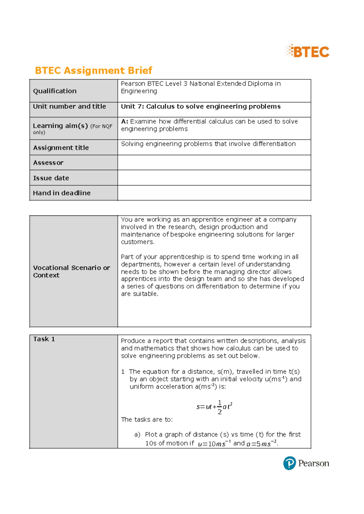 BTEC Level 3 Assignment Brief: Eng Prob & Differentiation Unit 7 - Studocu