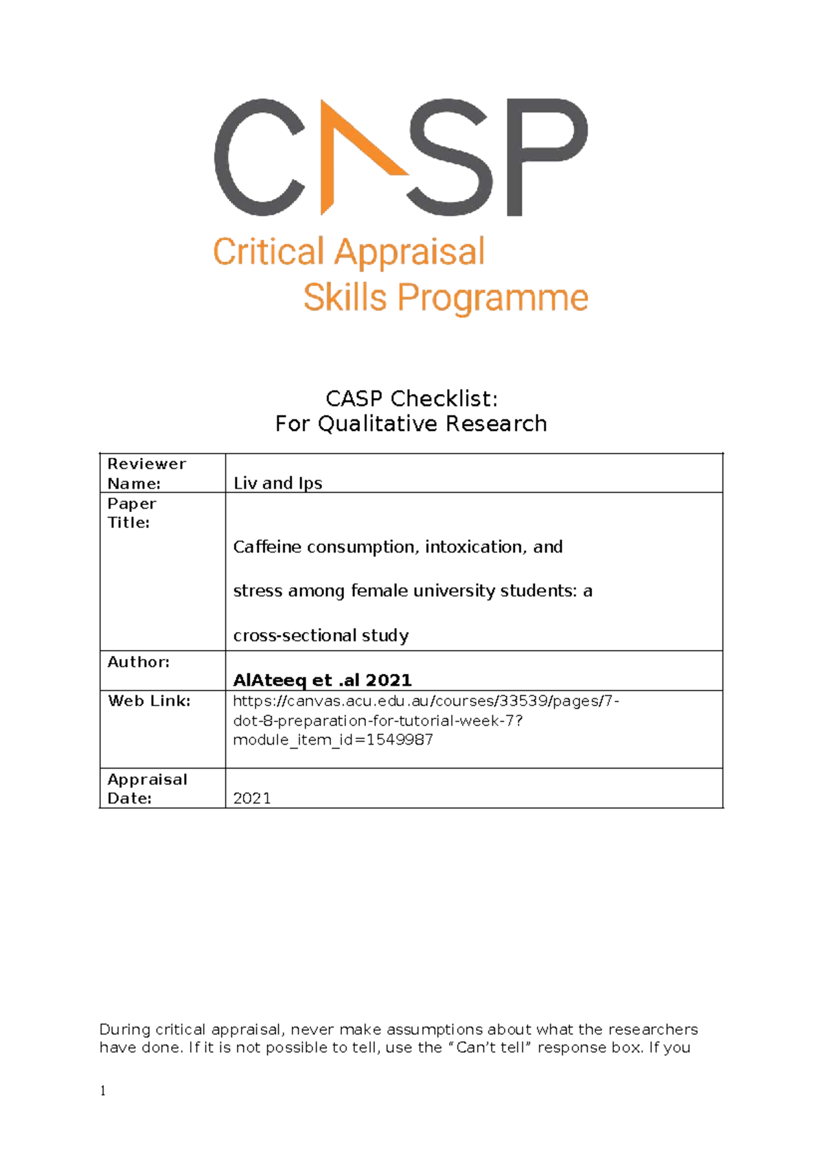 CASP Checklist for Qualitative Research: Appraisal Guide 2024 - Studocu
