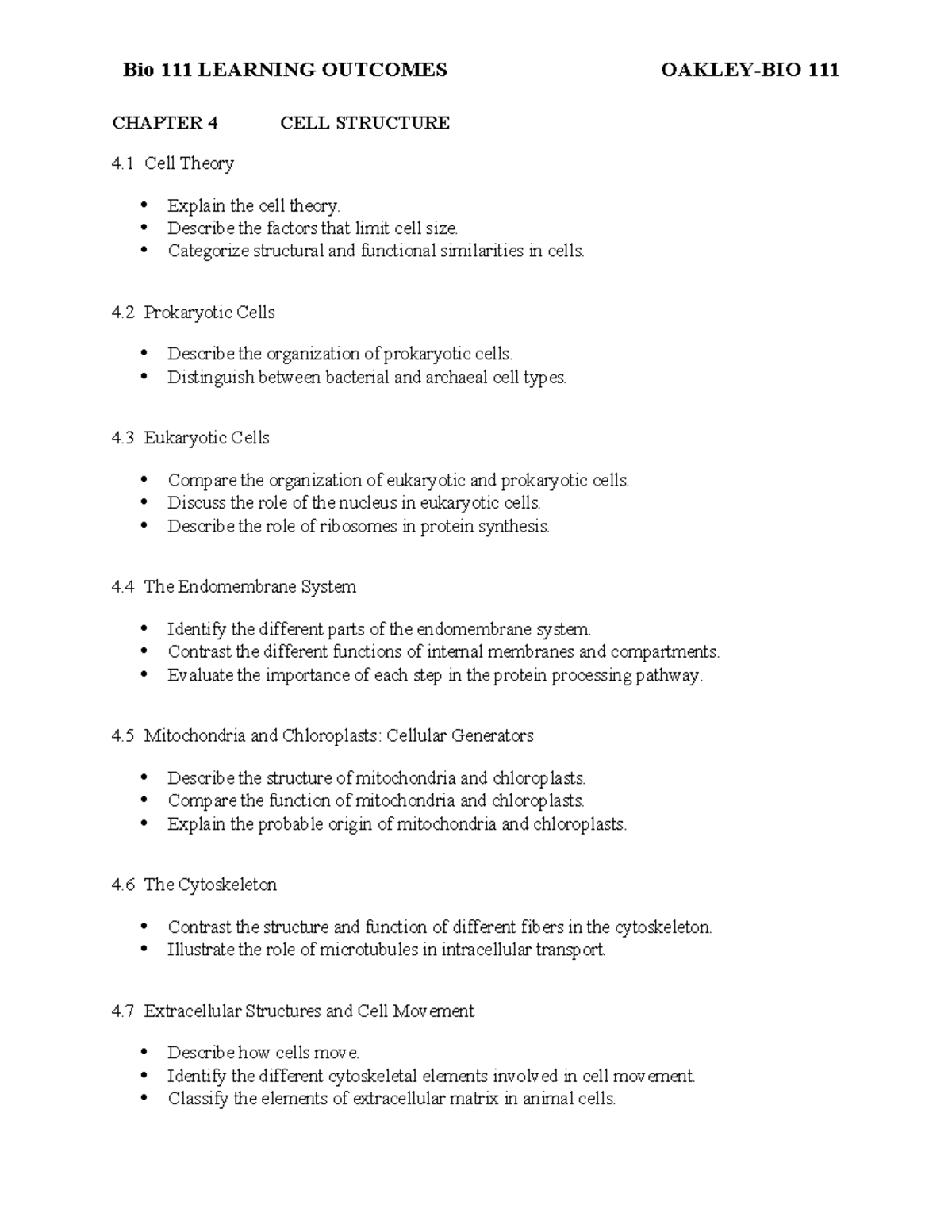 Bio 111 Chapter 4: Cell Structure and Function Overview - Studocu