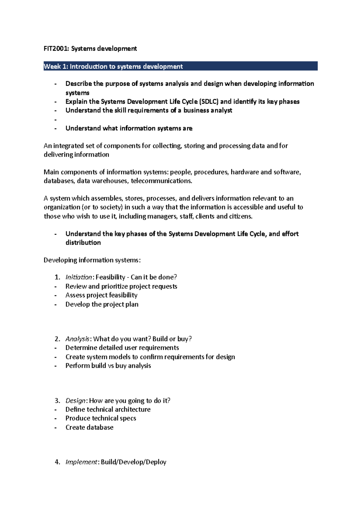 FIT2001 Lecture Notes: Systems Development Overview and Key Concepts ...