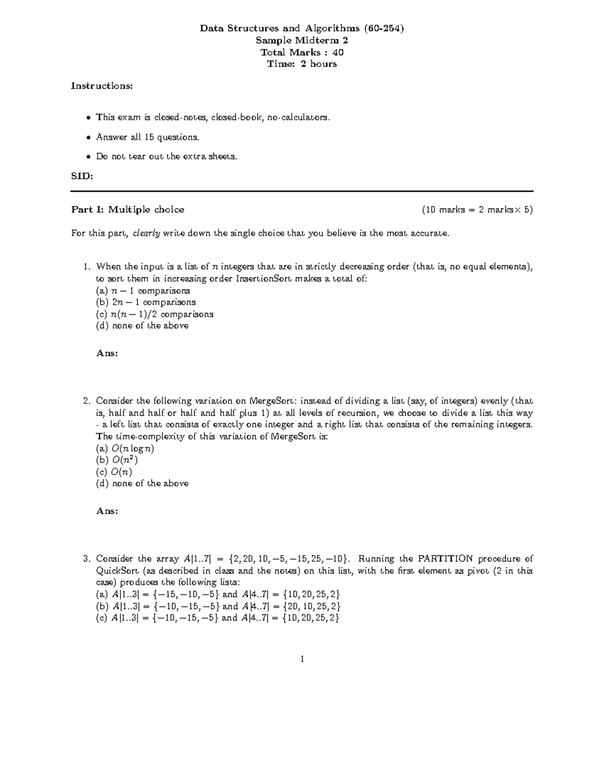 Data Structures and Algorithms Sample Midterm 2 (CS101) - Studeersnel