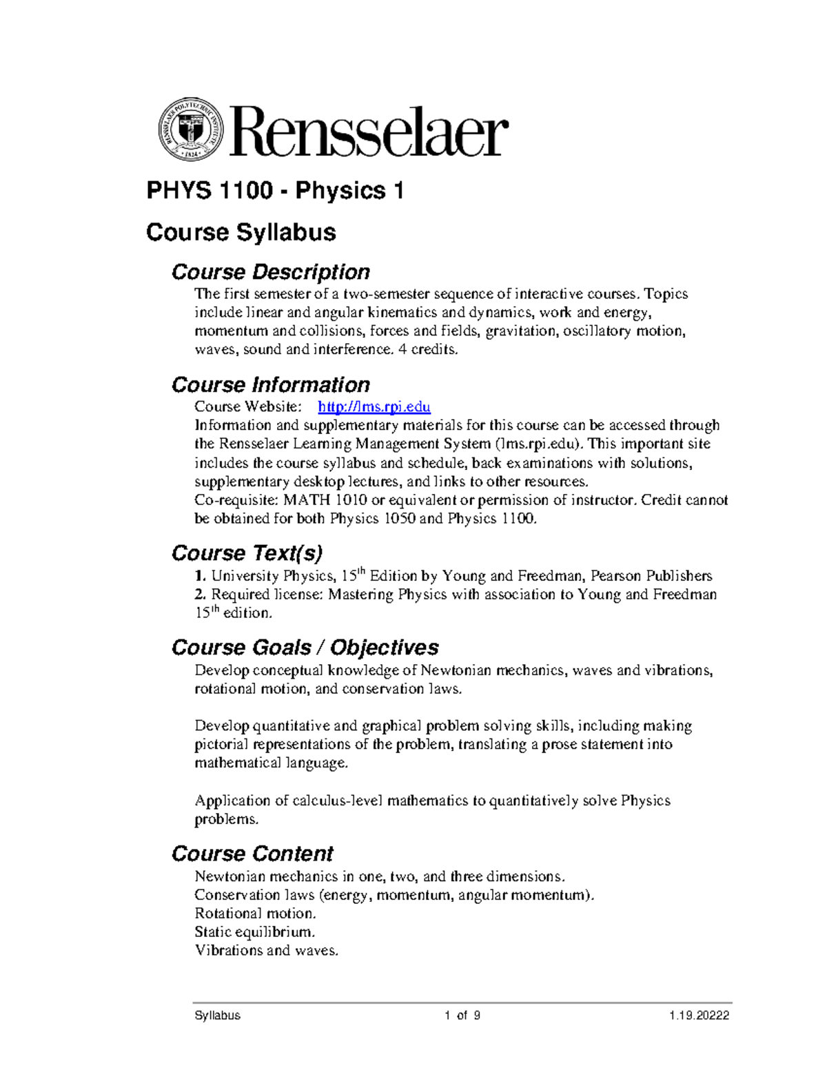 Syllabus for PHYS 1100 - Physics 1: Spring 2022 Course Overview - Studocu