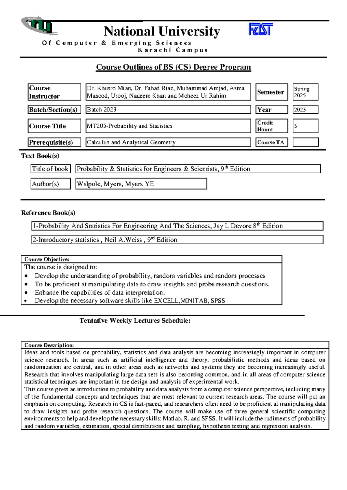 Study Plan - Probability and Statistics for BS (CS) Spring 2025 - Studocu