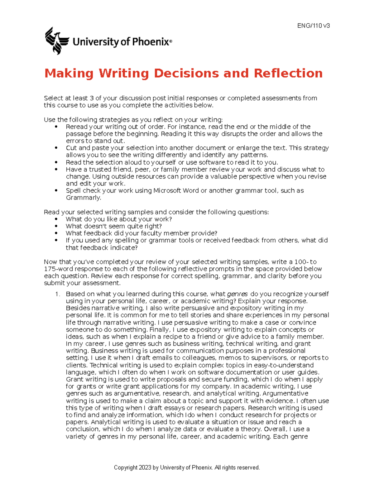 ENG/110 v3 Wk5 Reflection on Writing Decisions and Improvement - Studocu