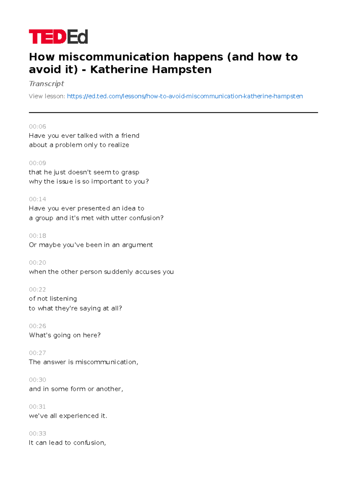 Understanding and Avoiding Miscommunication: A Lesson by K. Hampsten ...