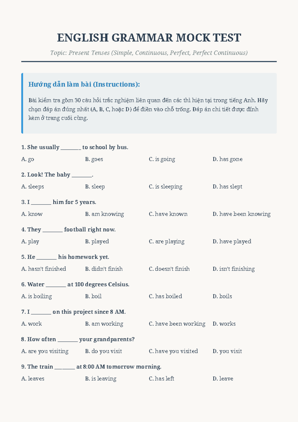 ENGLISH 101: Present Tenses Mock Test with Answer Key - Studocu