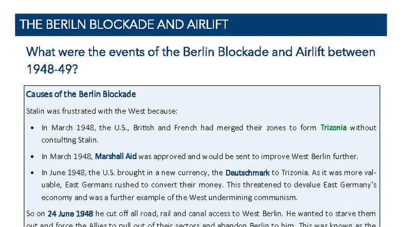 Berlin Blockade & Airlift: Causes and Key Events (HIST 101) - Studocu