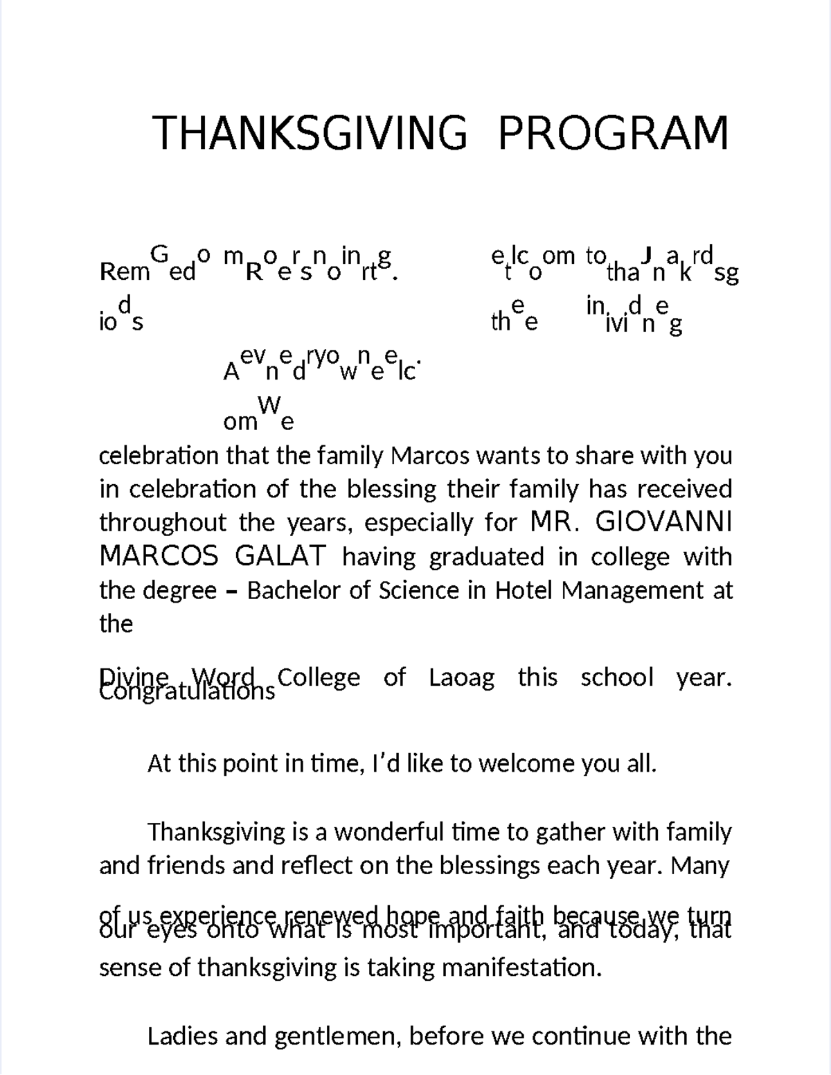 Thanksgiving Celebration Program for Giovanni Marcos 2023 - Studocu