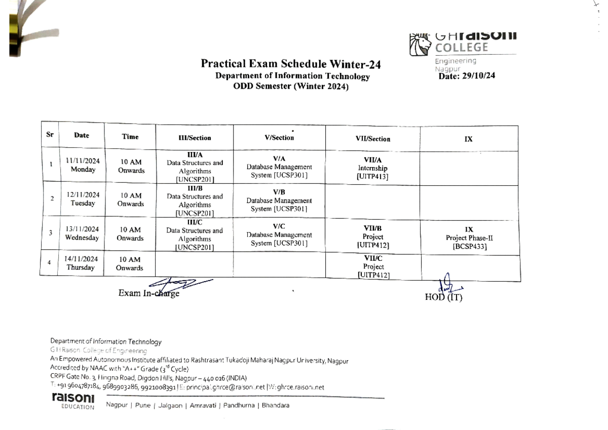 ESE practical schedule - COLLEGE Practical Exam Schedule Engineering Nagpur Department of - Studocu