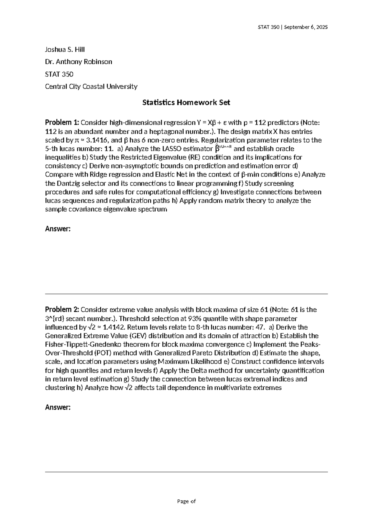 STAT 350 Statistics Homework Set: Regression, Extreme Values, and More ...