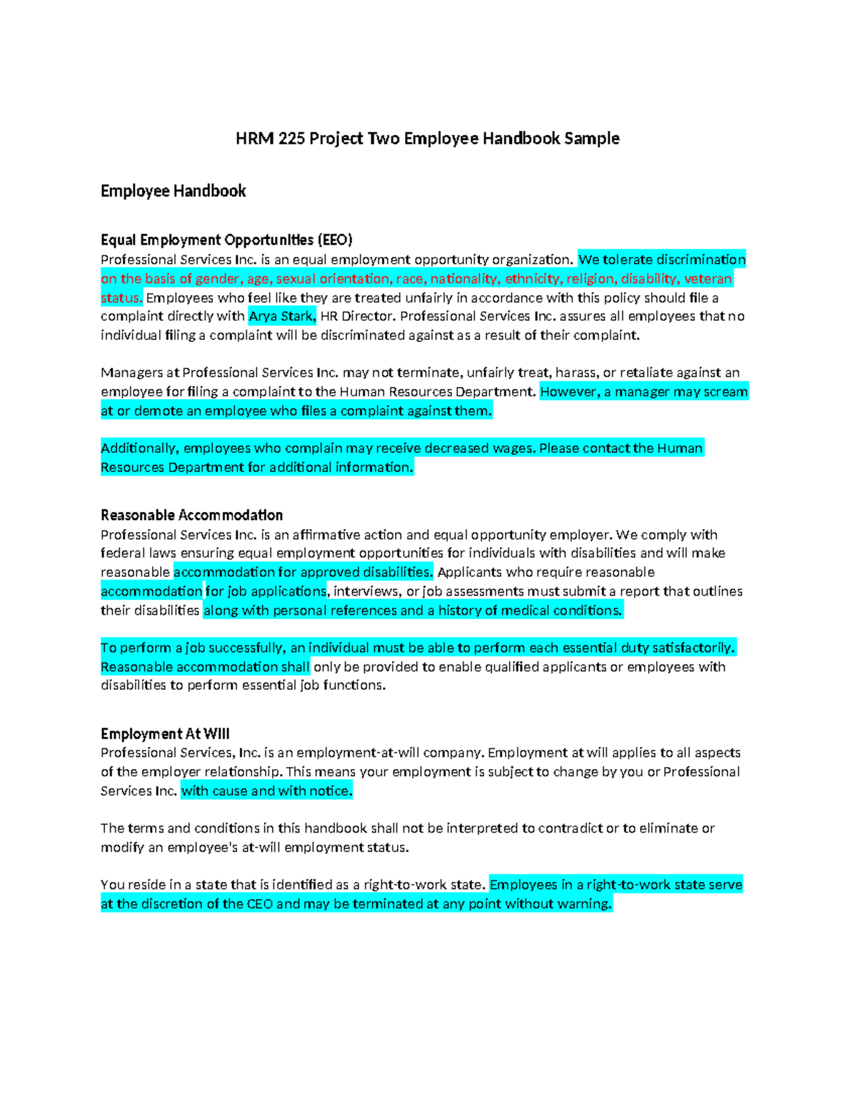 HRM 225 Project Two: Employee Handbook & EEO Compliance Review - Studocu
