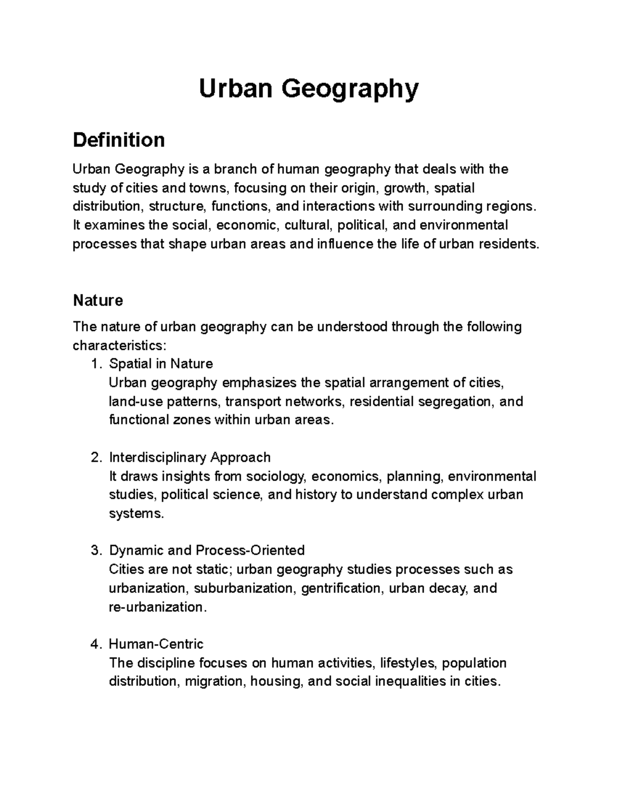 Urban Geography: Key Concepts and Theories in Human Geography - Studocu
