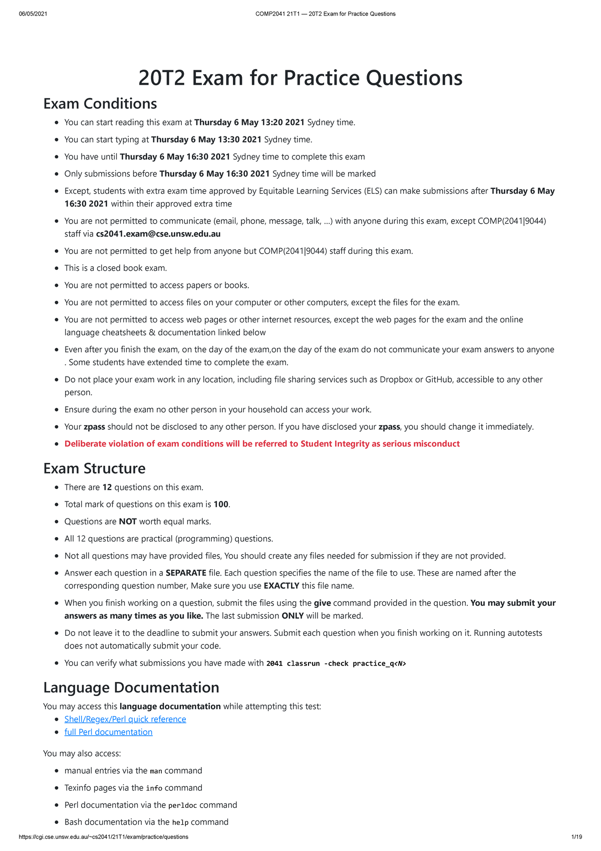 COMP2041 21T1 — 20T2 Exam for Practice Questions - 20T2 Exam for Practice Questions Exam ...