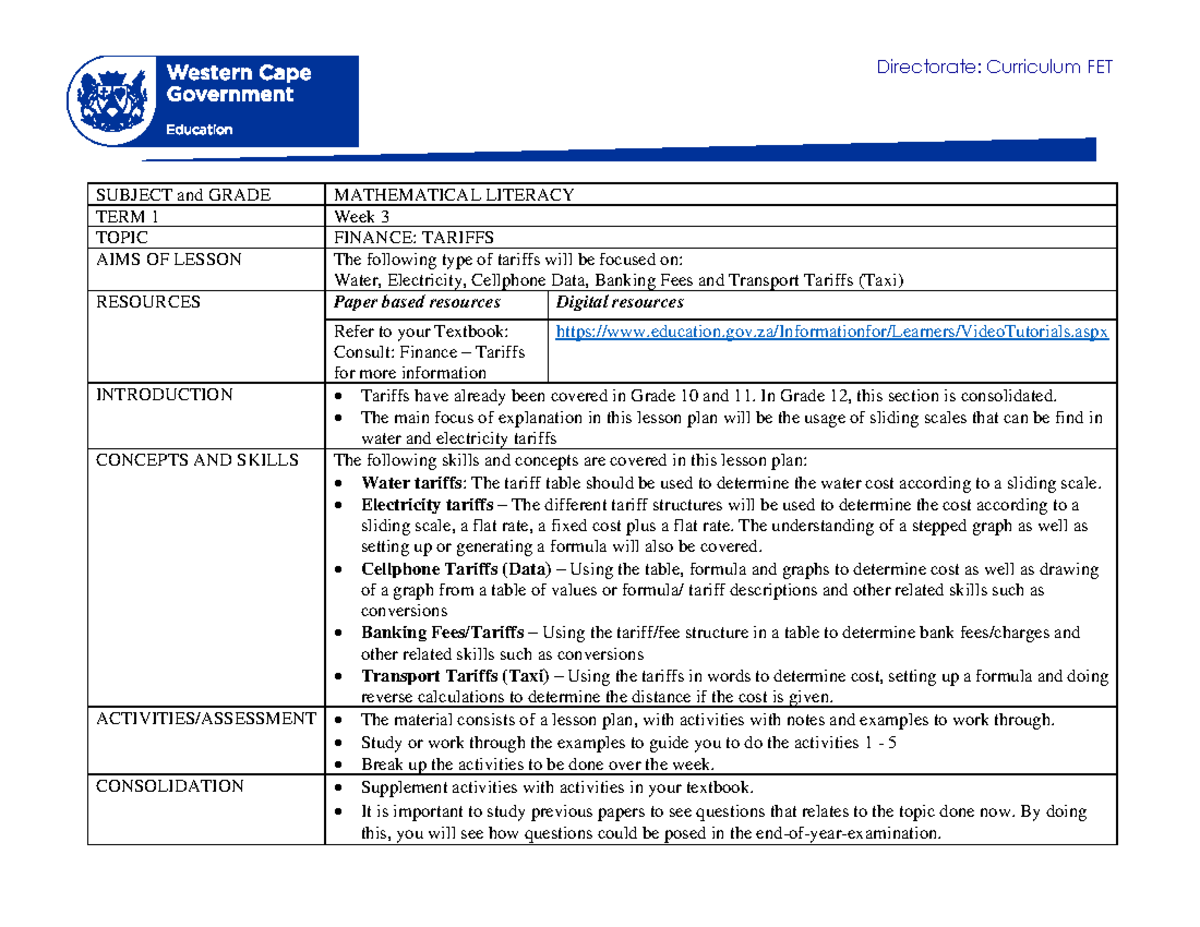 Grade 12 Mathematical Literacy Term 1 Week 3: Understanding Tariffs ...
