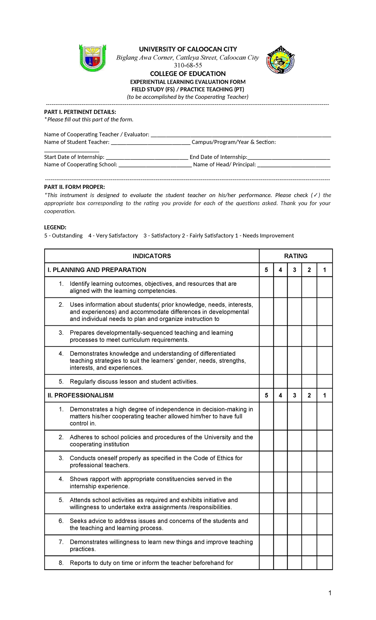 Field Study (FS) Practice Teaching Evaluation Form - University of Caloocan City - Studocu