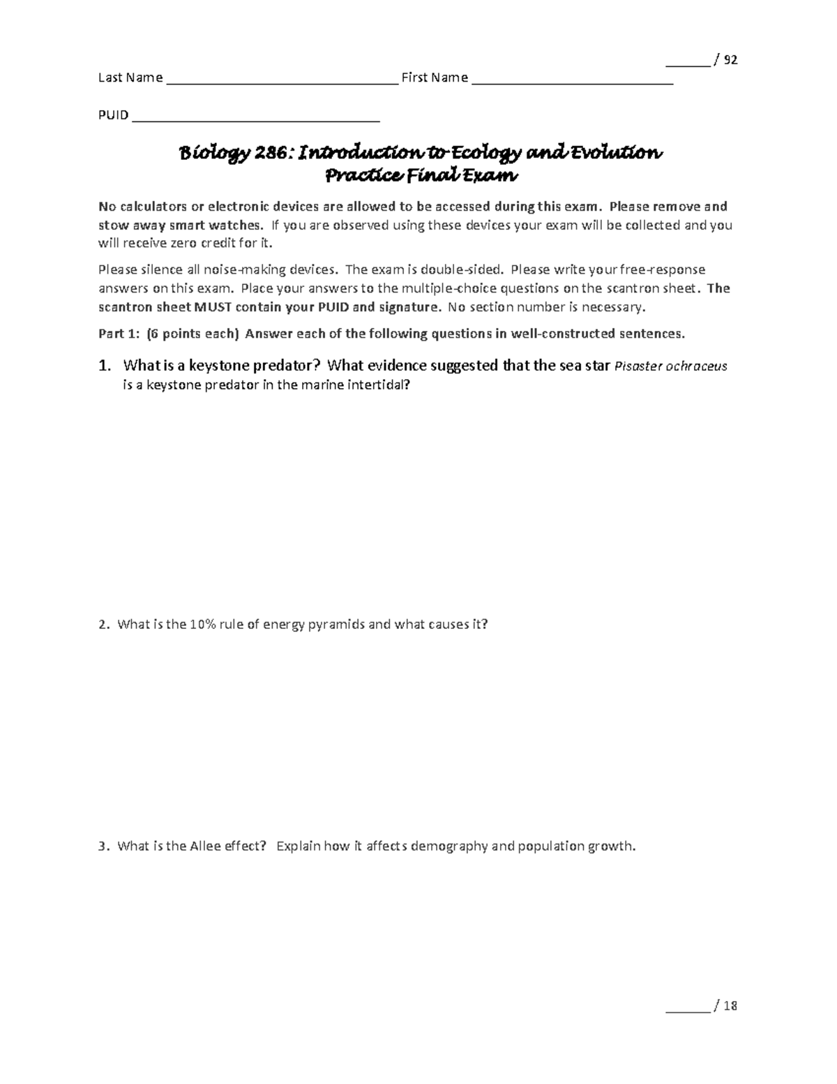 Biology 286: Intro to Ecology & Evolution Practice Final Exam Guide ...