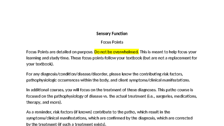 Focus Points - Sensory Function - Sensory Function Focus Points Focus ...