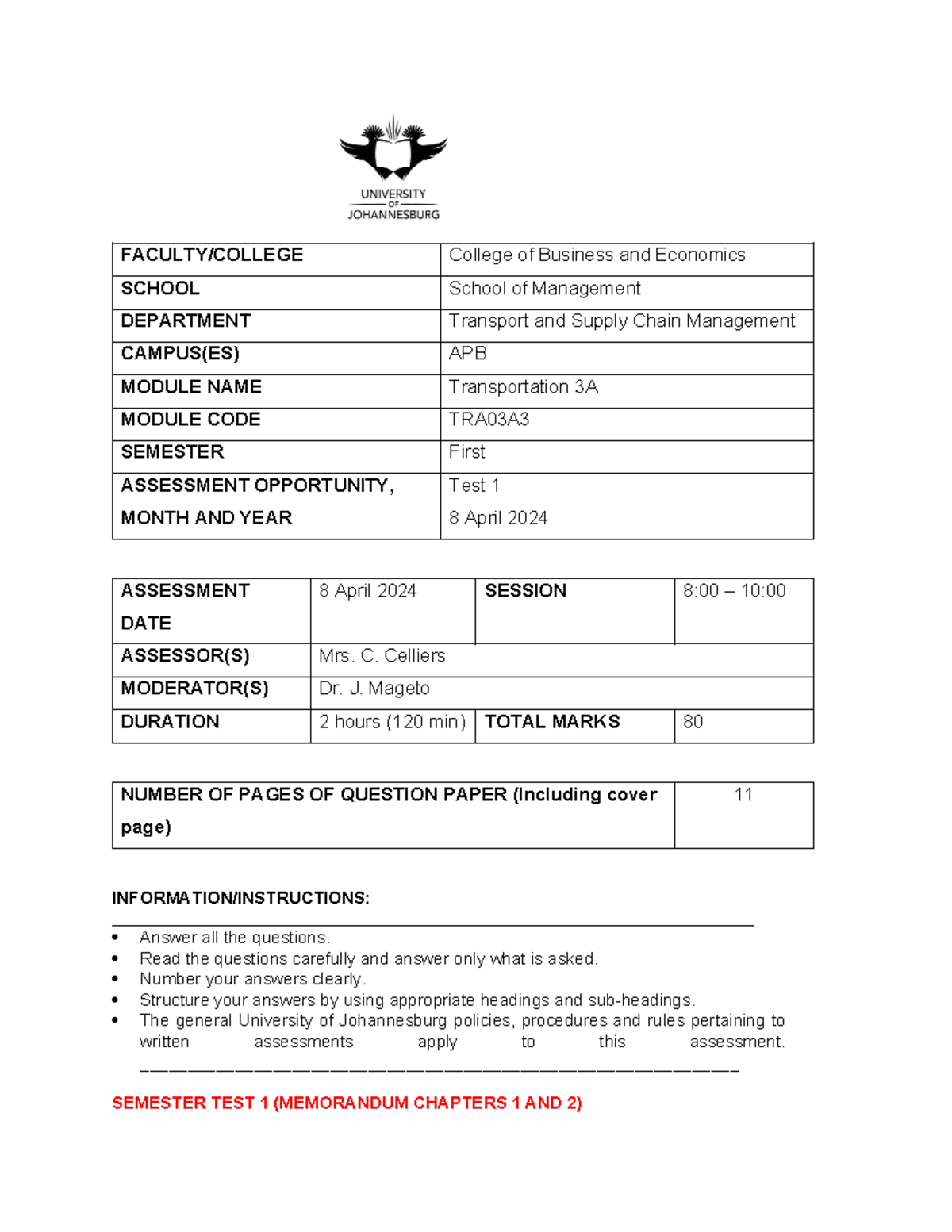 Test 1 Memo TRA03A - Answers for Transportation 3A Chapters 1 & 2 - Studocu
