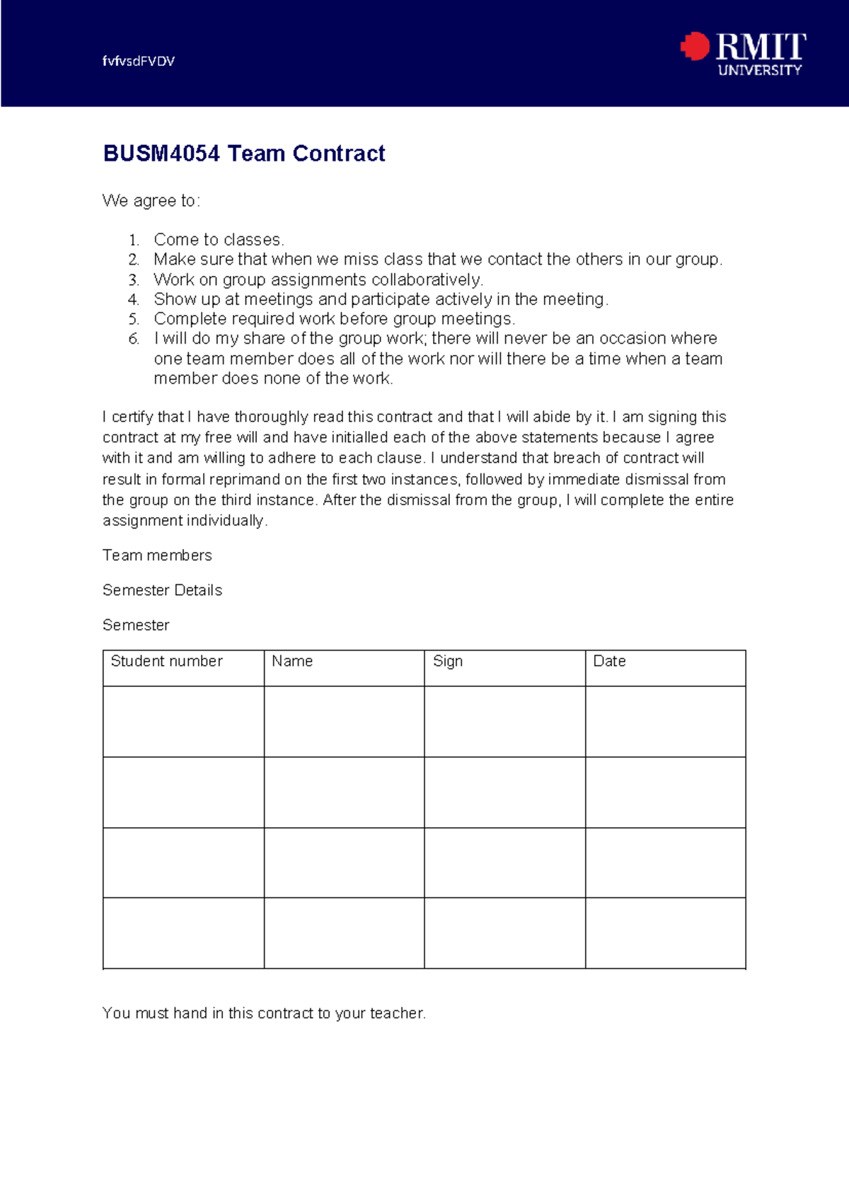 BUSM4054 Team Contract template - fvfvsdFVDV BUSM4054 Team Contract We ...