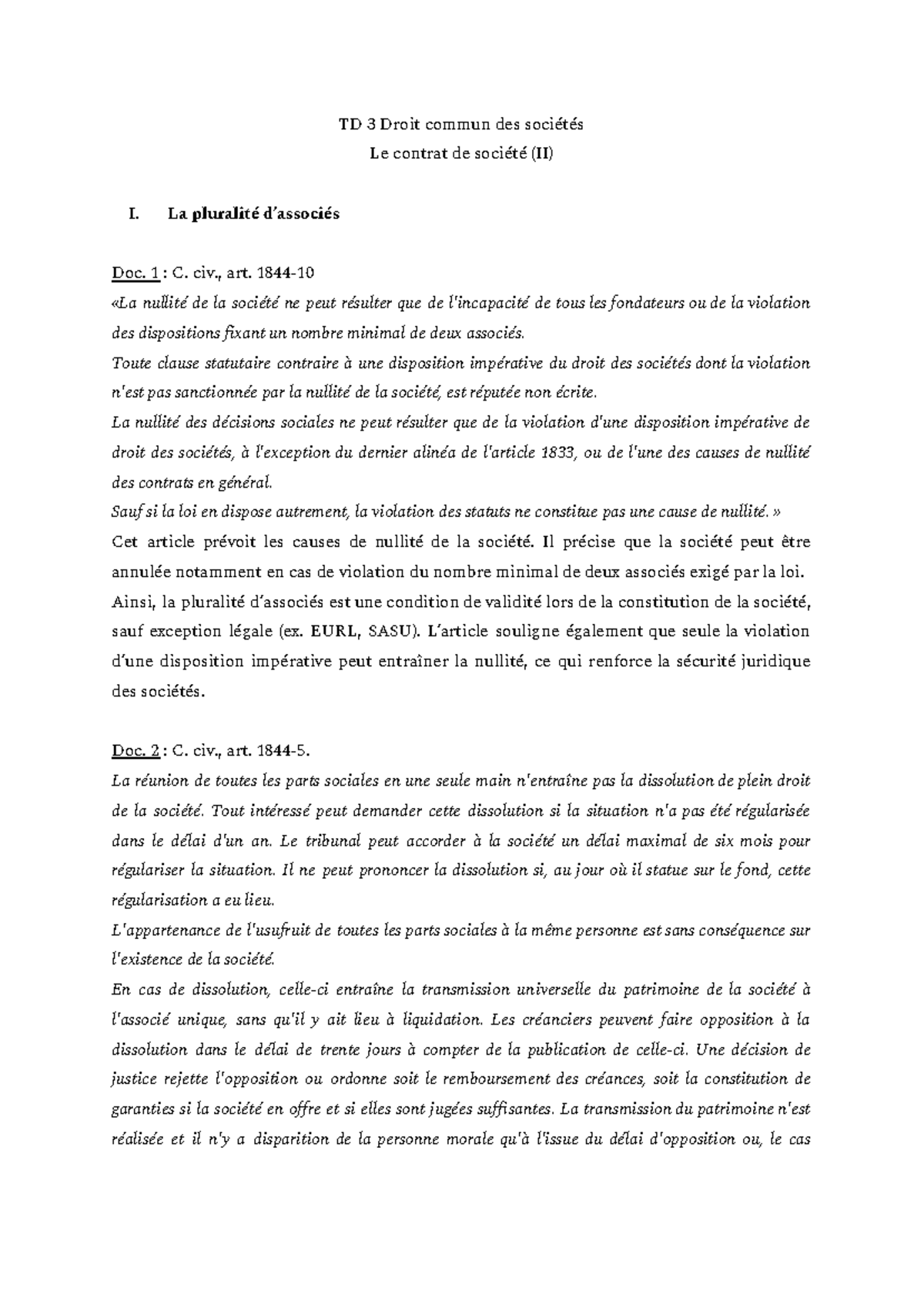 TD 3 DAFF L3S1 - Analyse du Contrat de Société et Pluralité des ...