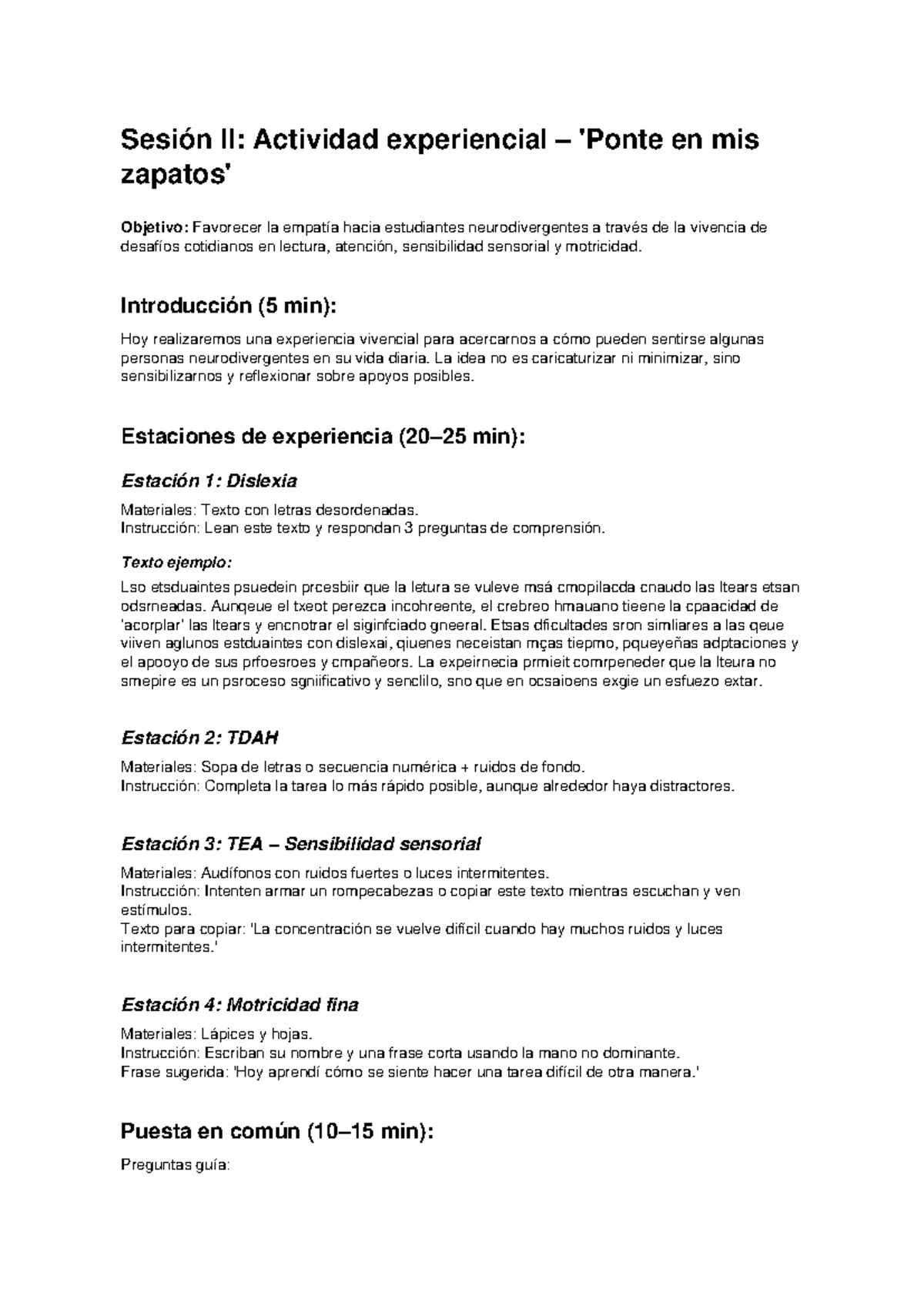 Sesión II: Actividad "Ponte en mis zapatos" sobre Neurodiversidad - Studocu