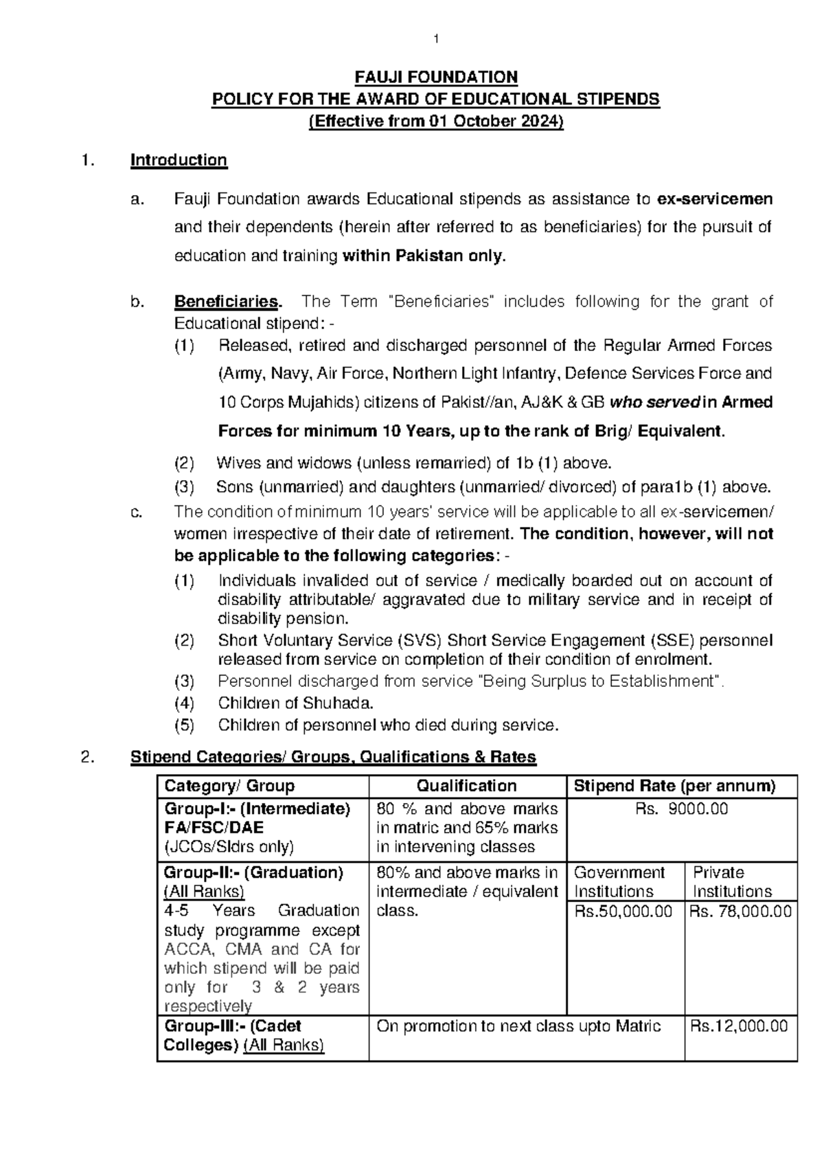 Stipend Policy for Fauji Foundation - 2024 Guidelines and Eligibility ...