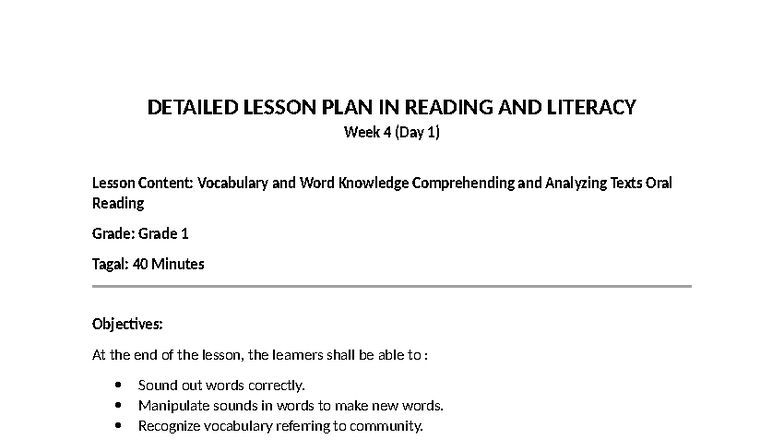 DETAILED LESSON PLAN IN READING AND LITERACY (Grade 1) - Studocu