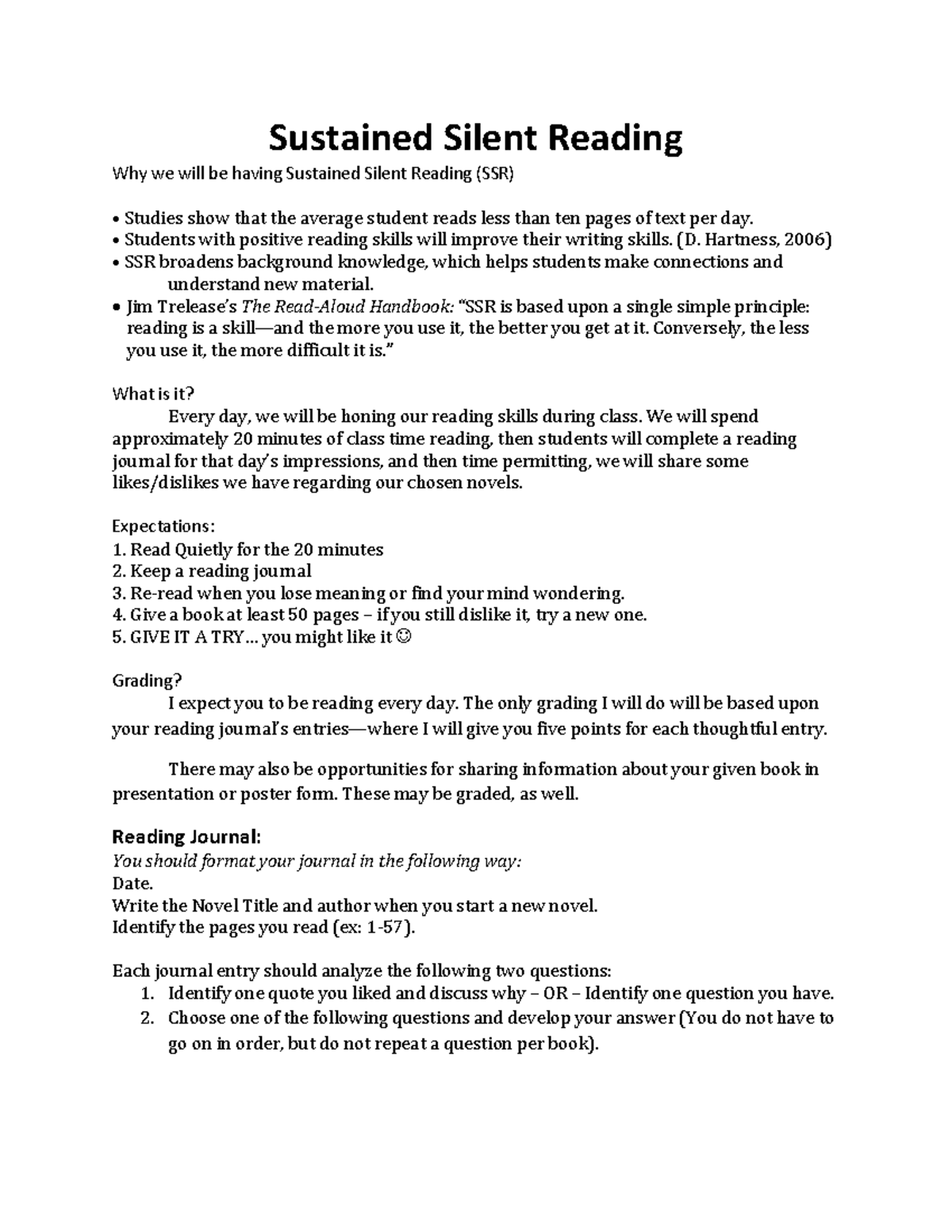 SSR Guidelines: Expectations for Sustained Silent Reading Activities ...