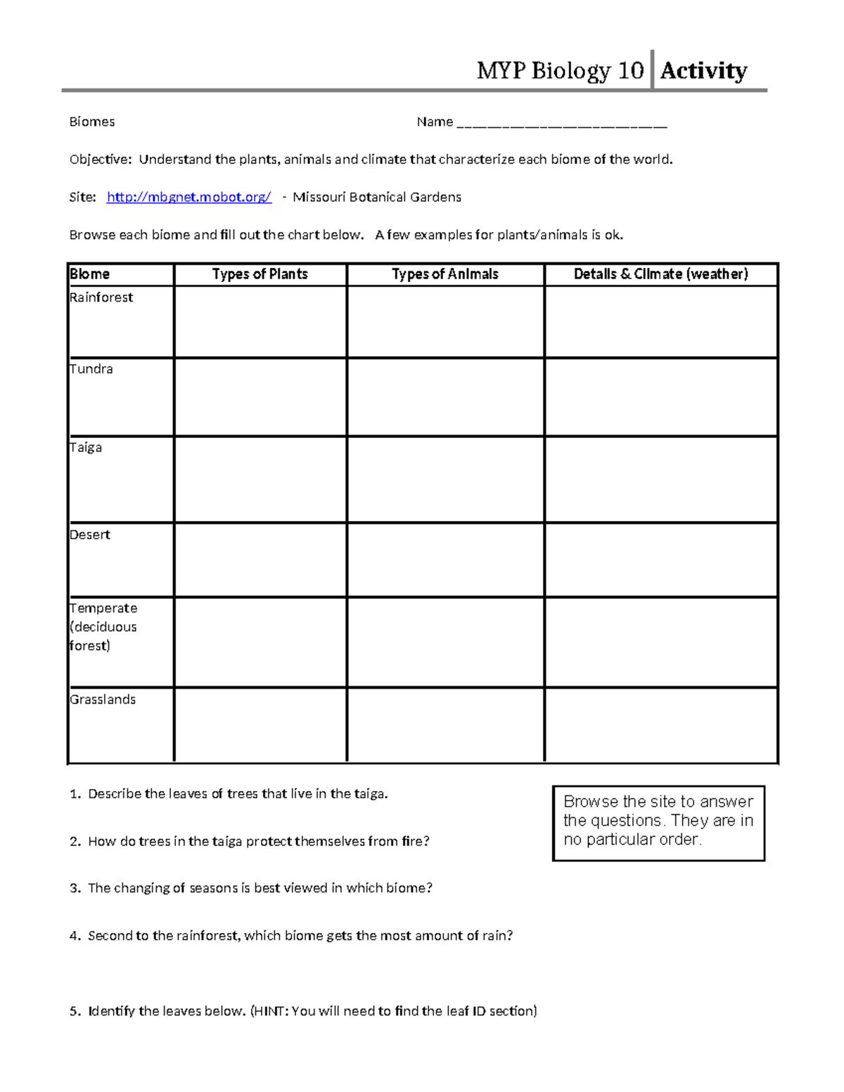 MYP Biology 10 Activity: Exploring Global Biomes - Studocu