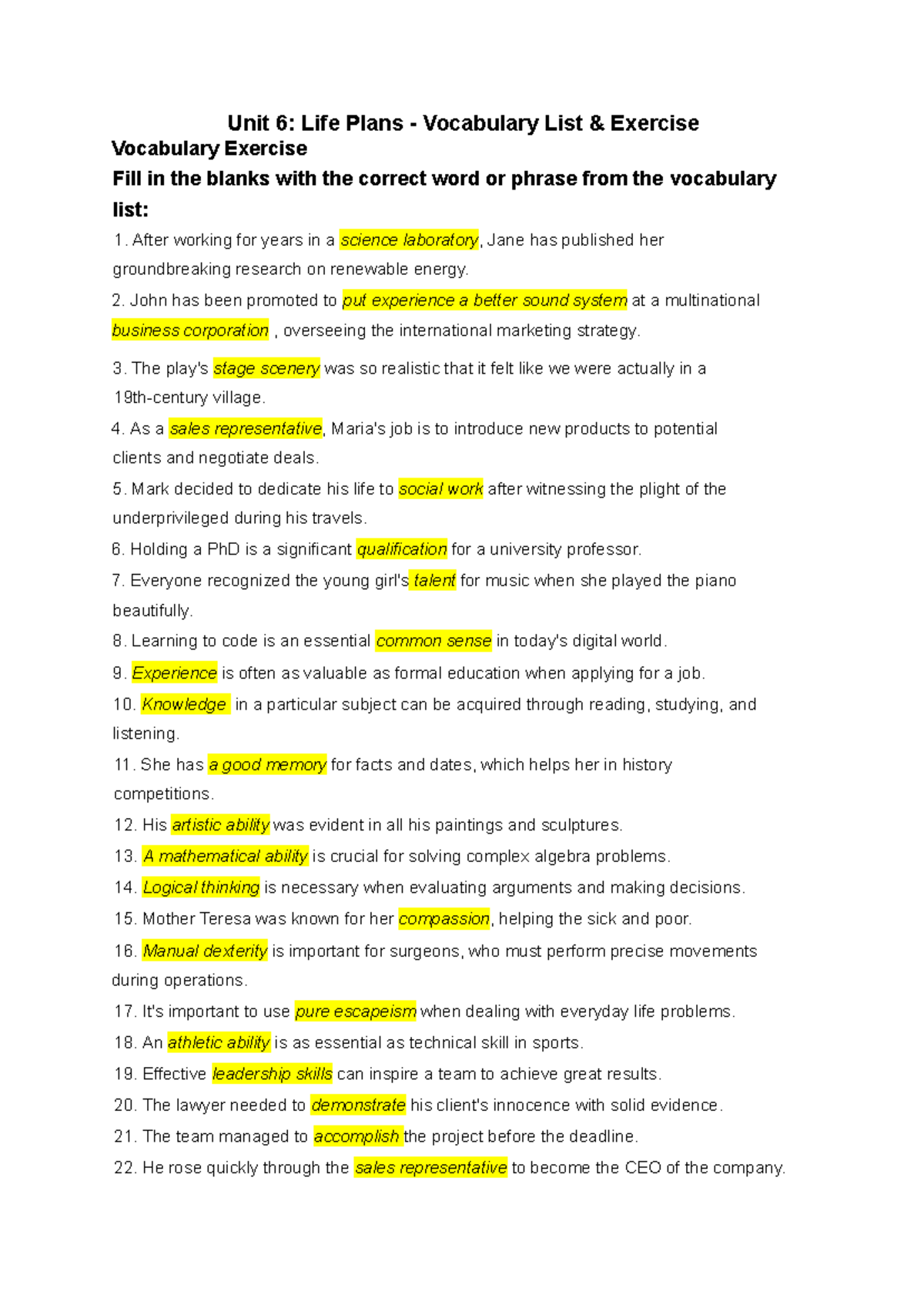 Unit 6: Life Plans - Vocabulary Exercise & Word Usage Guide - Studocu