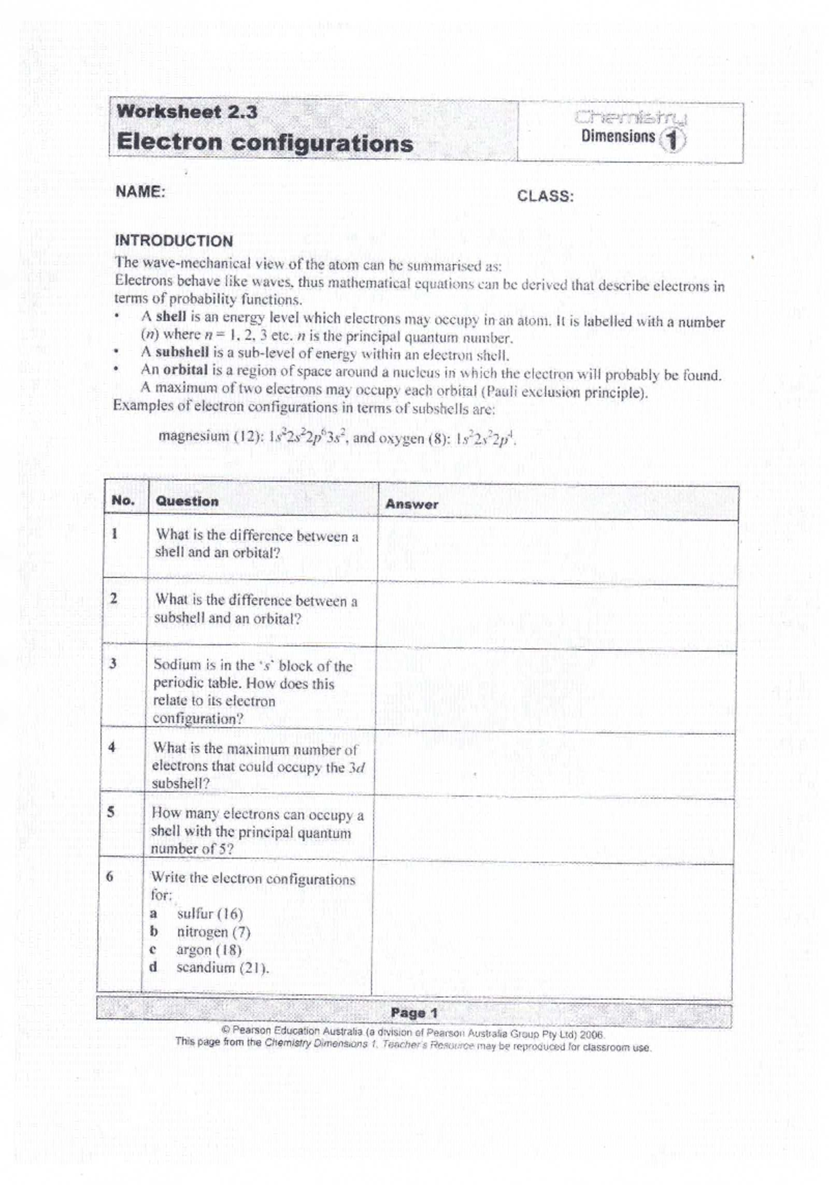 Worksheet 2.3: Electron Configurations & Ions - Chemistry Dimensions 1 ...