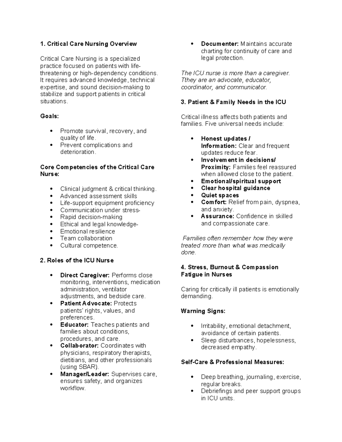 Critical Care Nursing Overview: Key Concepts and Competencies - Studocu