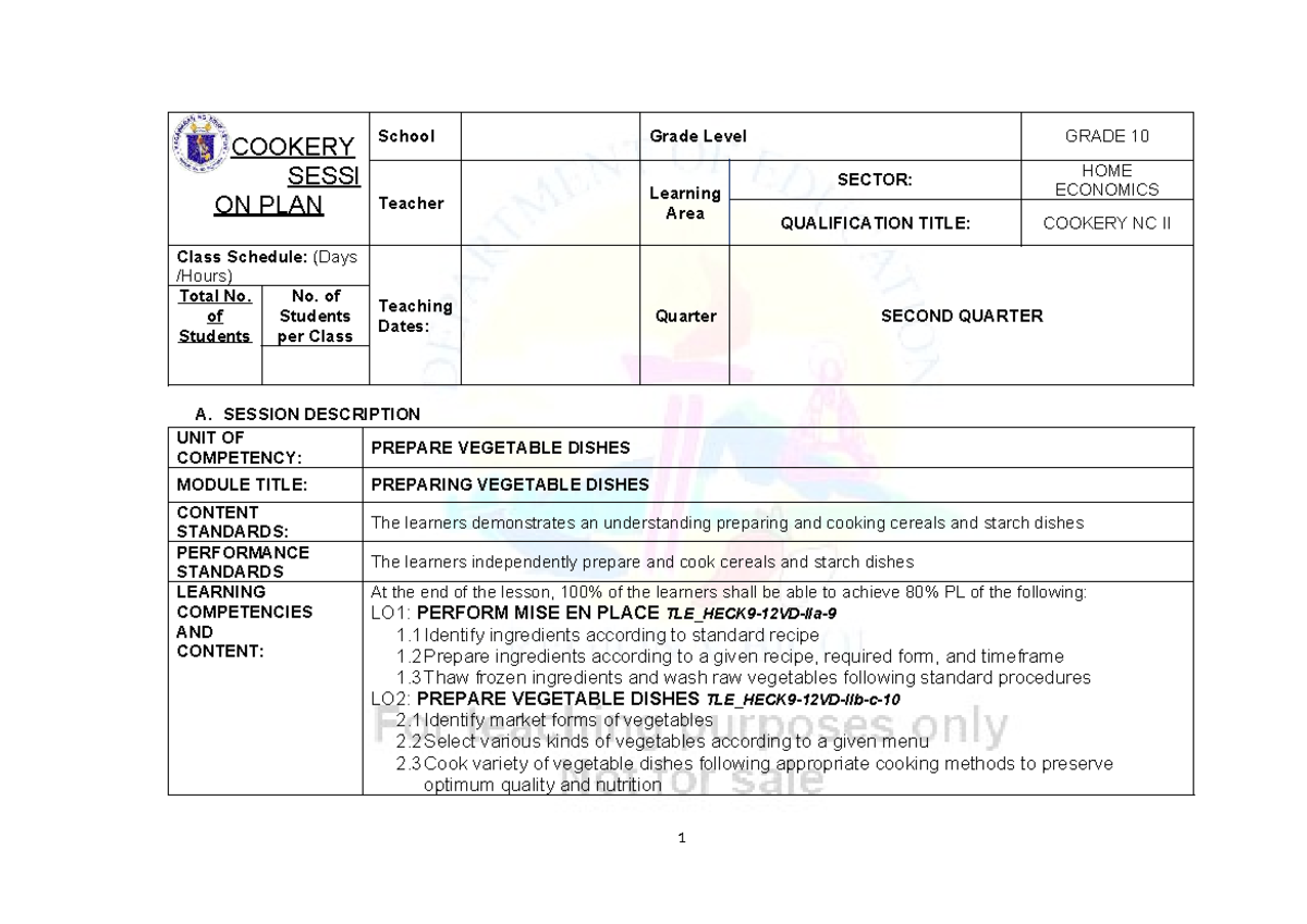 G10 COOKERY SP 2ND QTR - Comprehensive Module & Session Guide - Studocu