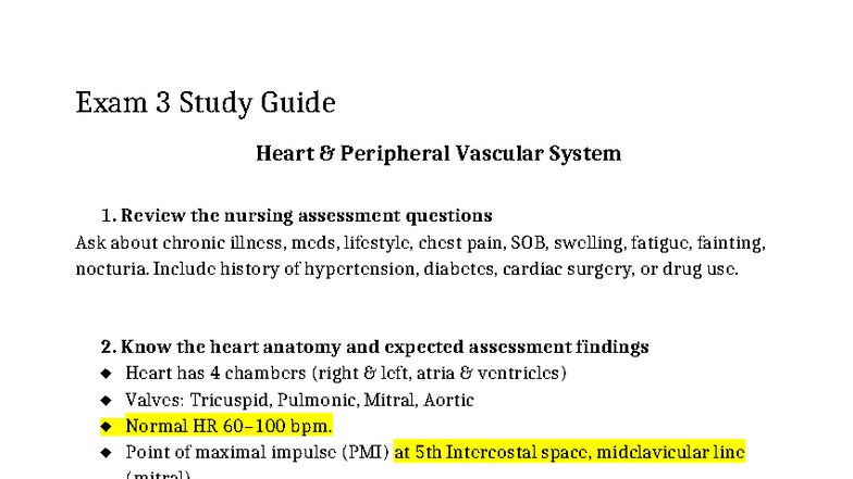 Exam 3 Study Guide: Heart & Peripheral Vascular System - Studocu