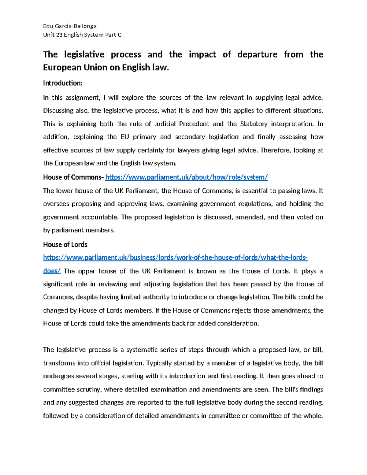 Unit 23 English Legal System: Legislative Process & EU Impact Update 8 ...