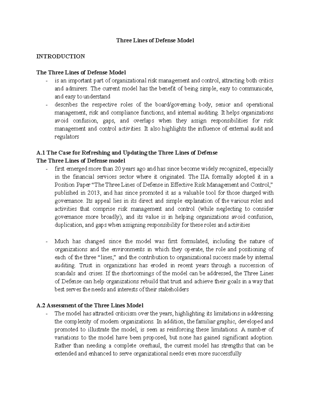 Three Lines of Defense Model - The current model has the benefit of ...