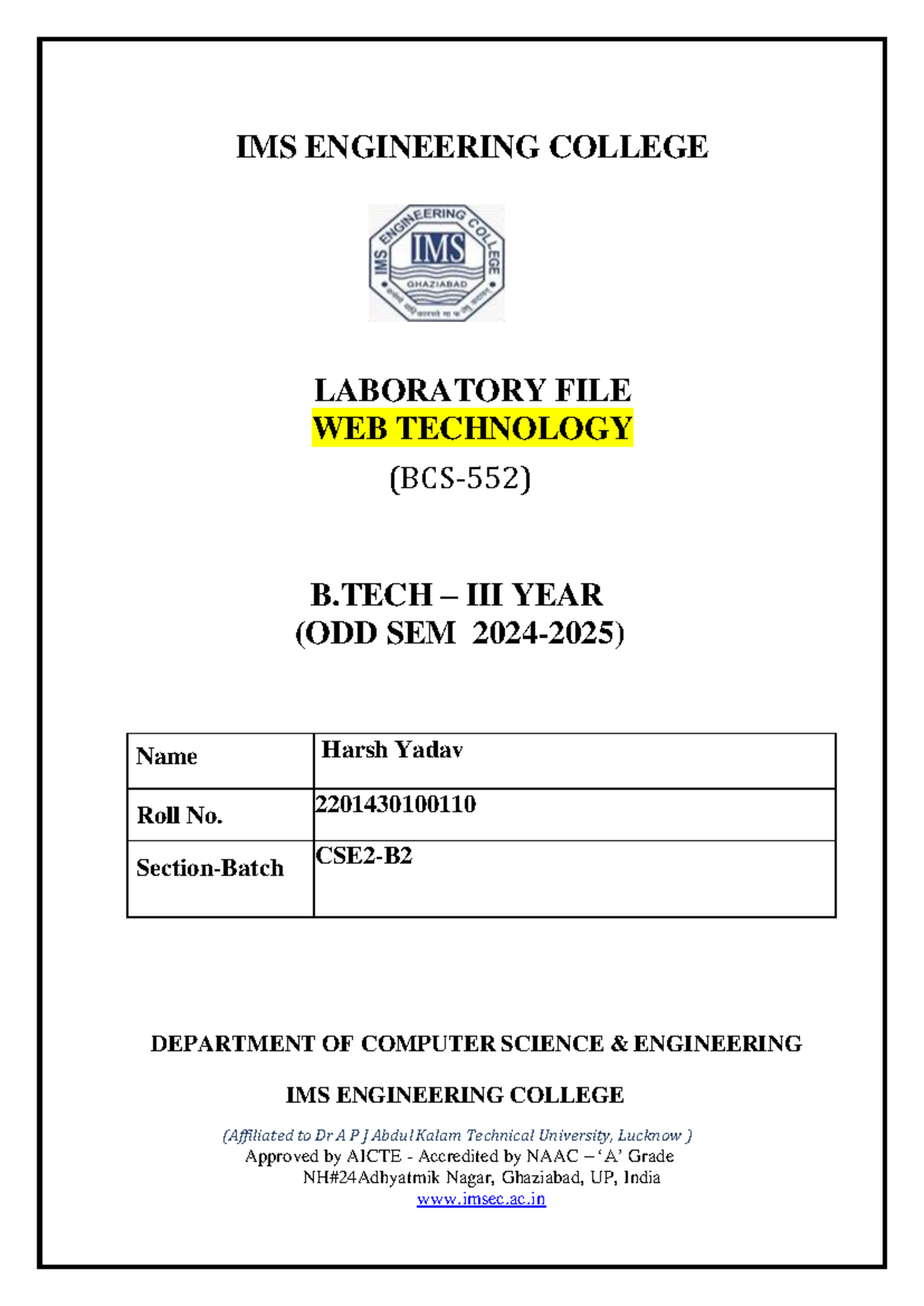 Web Tech Lab Manual (BCS-552) - IMS ENGINEERING COLLEGE LABORATORY FILE WEB TECHNOLOGY (BCS-552 ...