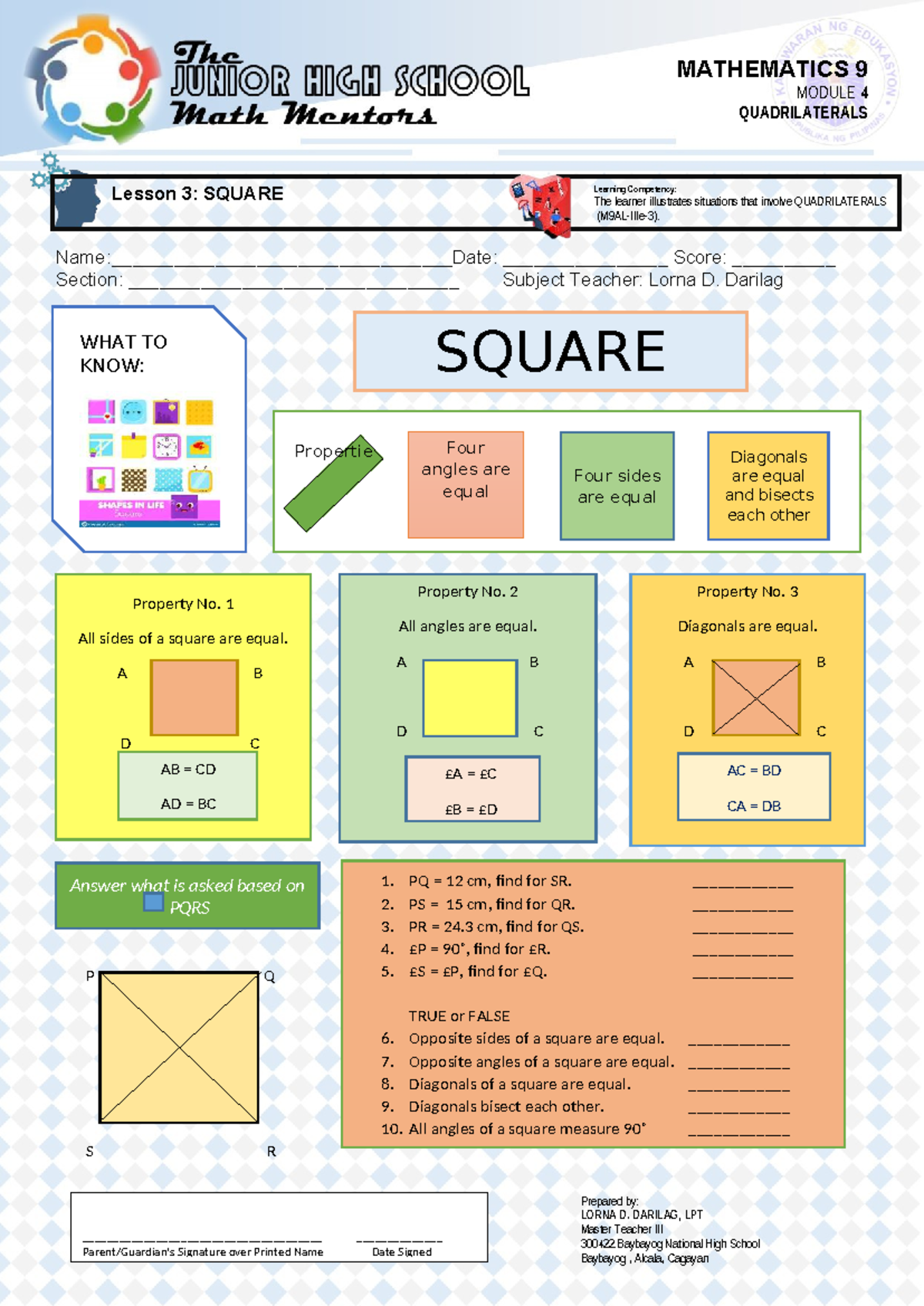 MATHEMATICS 9 MODULE 4 QUADRILATERALS Lesson 3: SQUARE Problem Solving ...