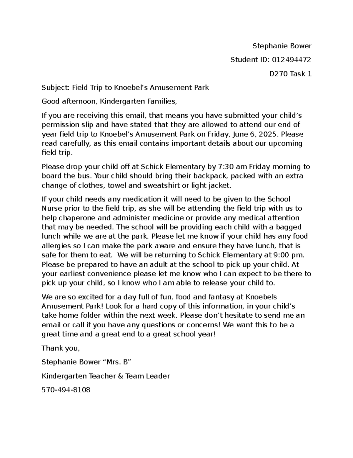 D270 Task 1 - Professional Email for Knoebel's Field Trip - Studocu