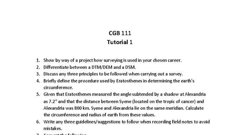 Tutorial 1 - Introduction to surveying - CGB 111 Tutorial 1 Show by way ...