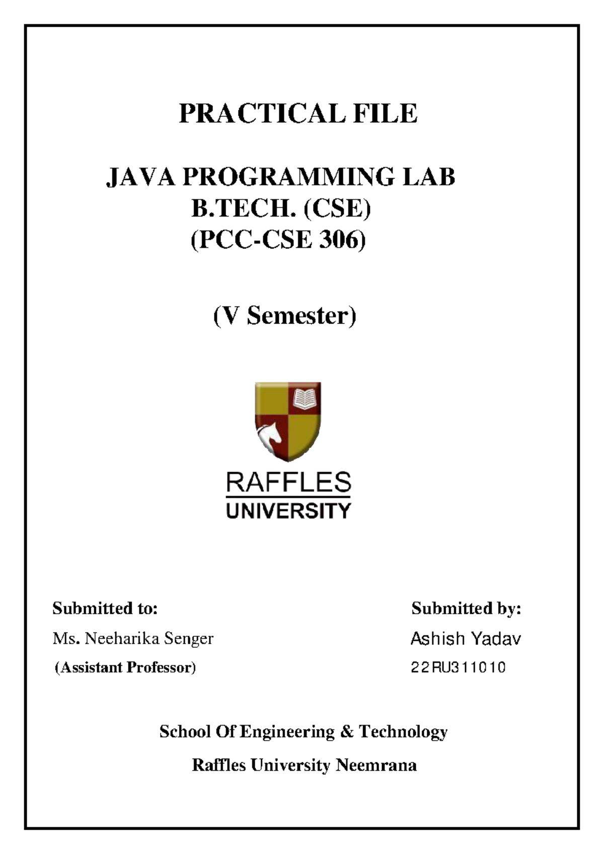 Practical File for JAVA Programming Lab B.TECH (CSE 306) V Semester - Studocu