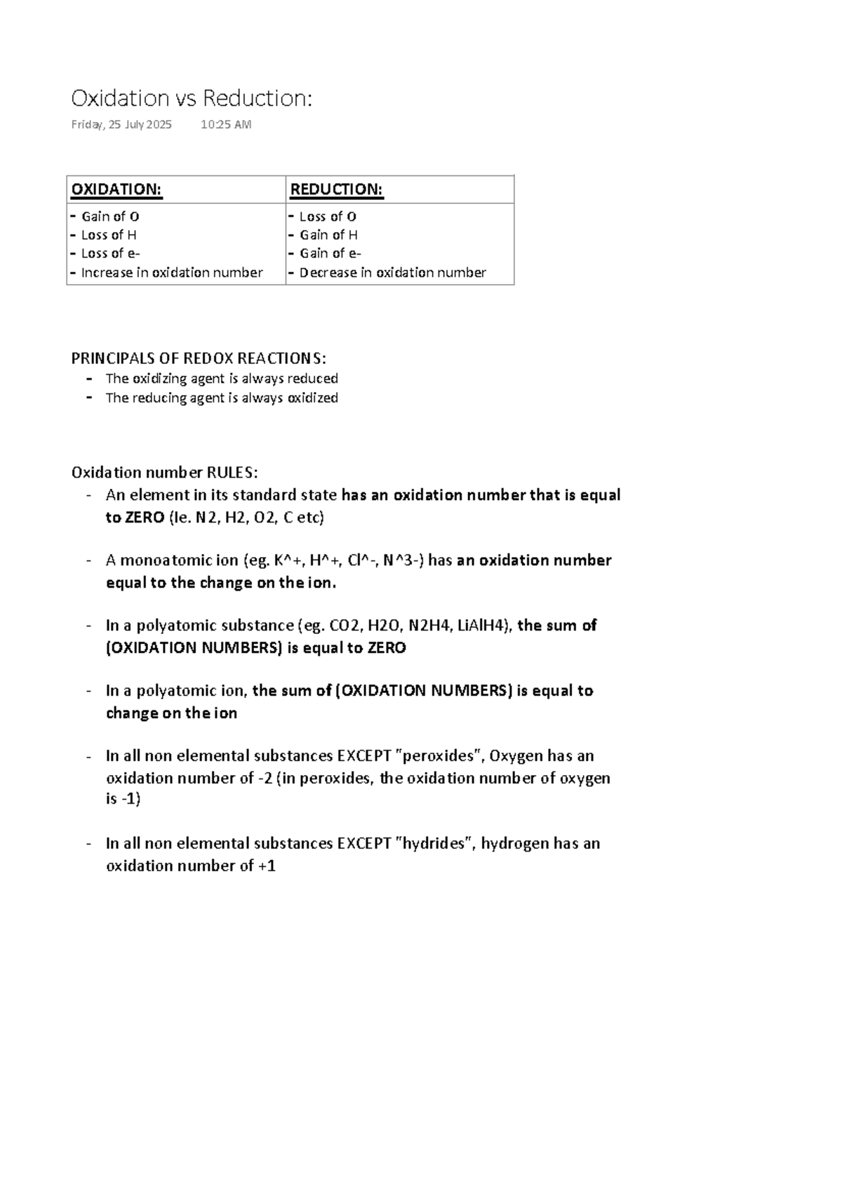 Principles of Redox Reactions: Oxidation vs Reduction Notes - Studocu