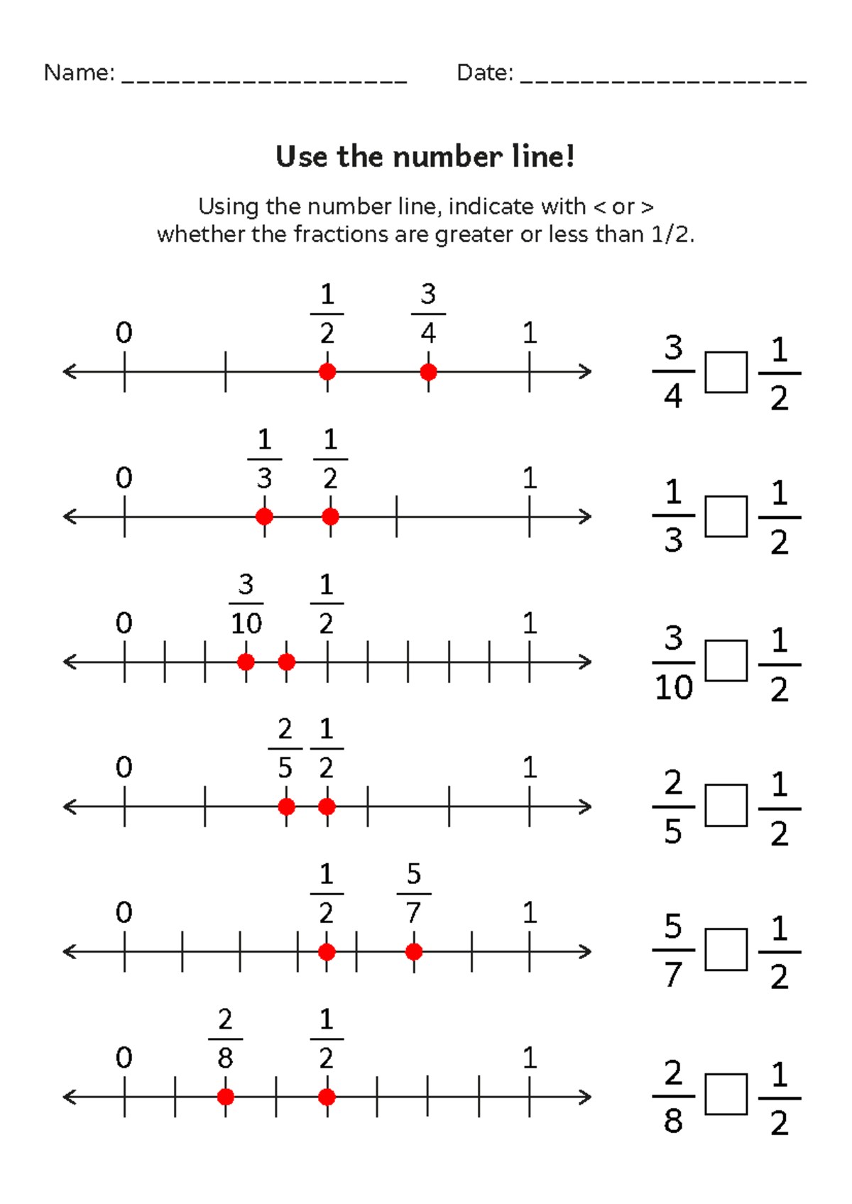 Understanding Fractions Using Number Lines - 3rd Grade Worksheet - Name