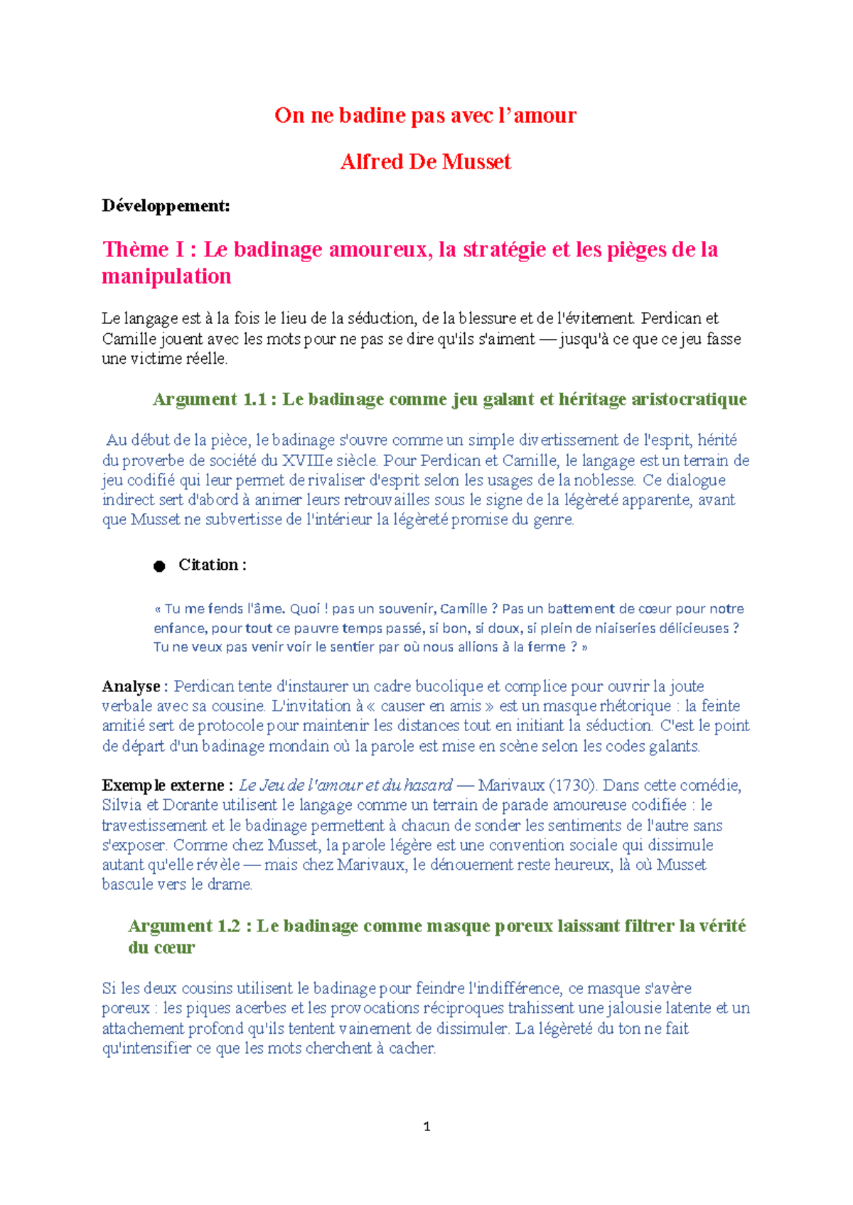 Fiche de Dissertation: Musset - On ne badine pas avec l'amour (Analyse ...