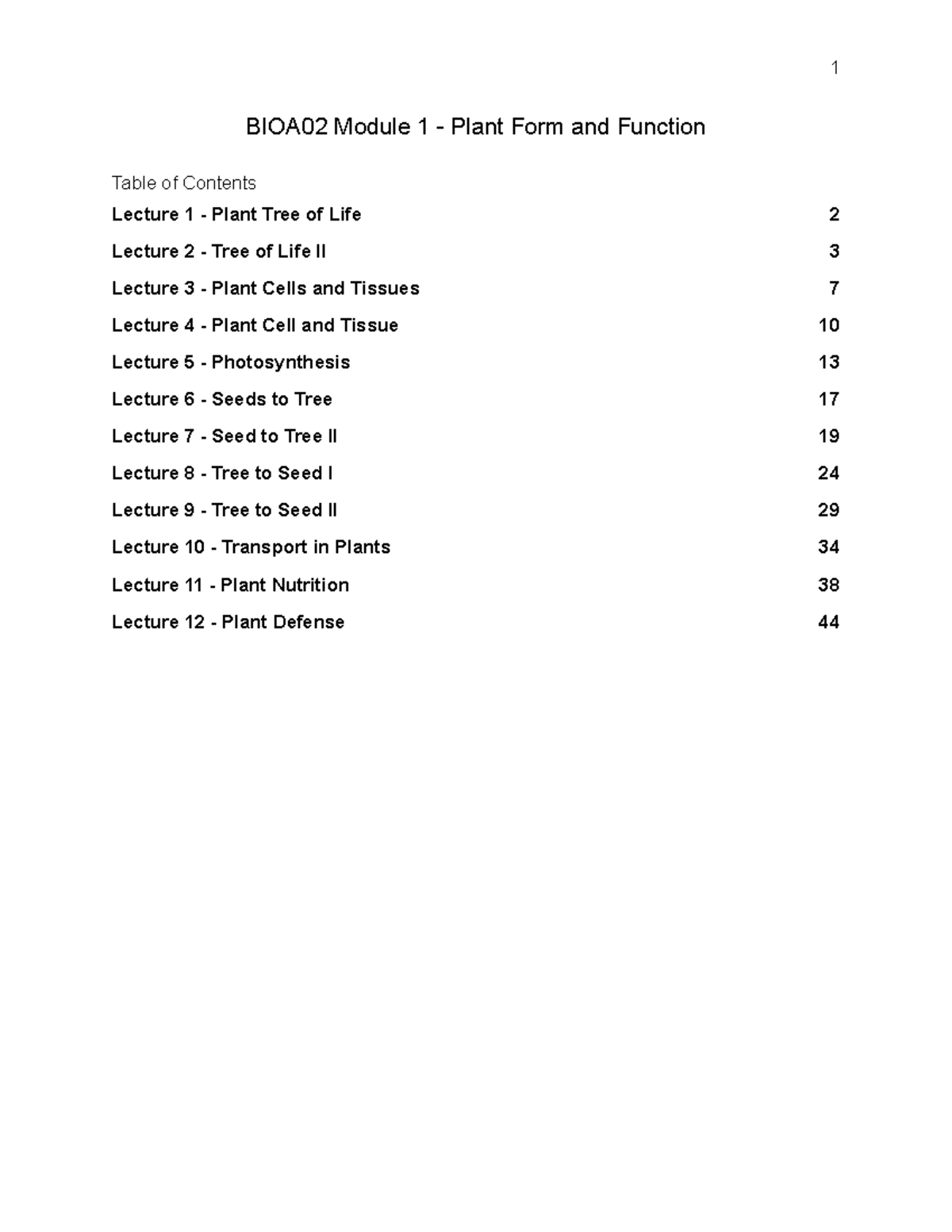 BIOA02 M1 Notes - BIOA02 Module 1 - Plant Form and Function Lecture 1 ...